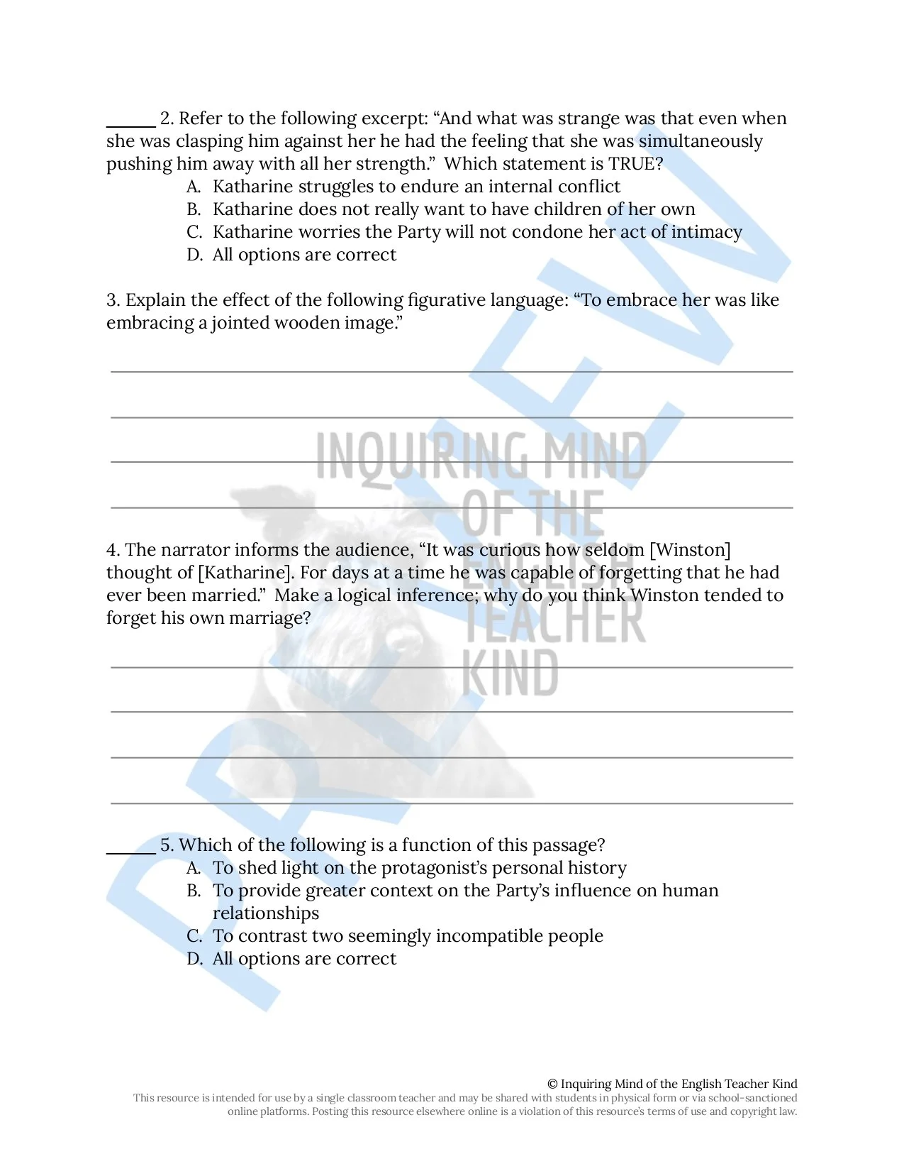 1984 by George Orwell Close Reading Analysis Worksheets Bundle for High School — Inquiring Mind ...