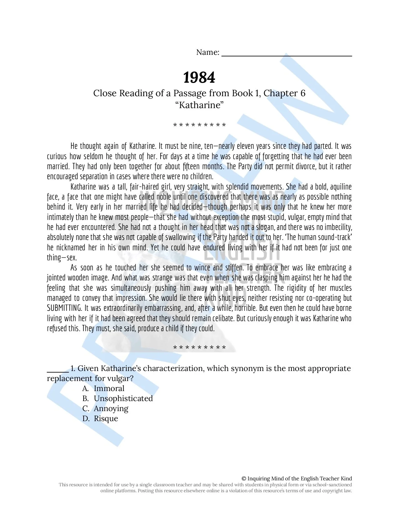 1984 by George Orwell Close Reading Analysis Worksheets Bundle for High ...