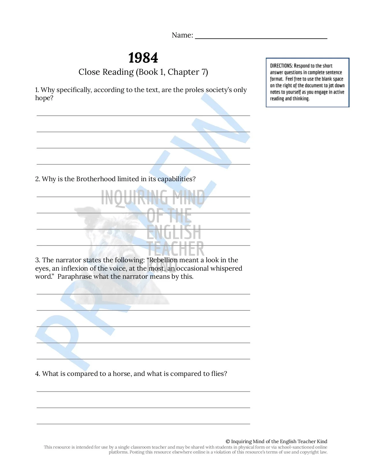 1984 by George Orwell Close Reading Analysis Worksheets Bundle for High ...