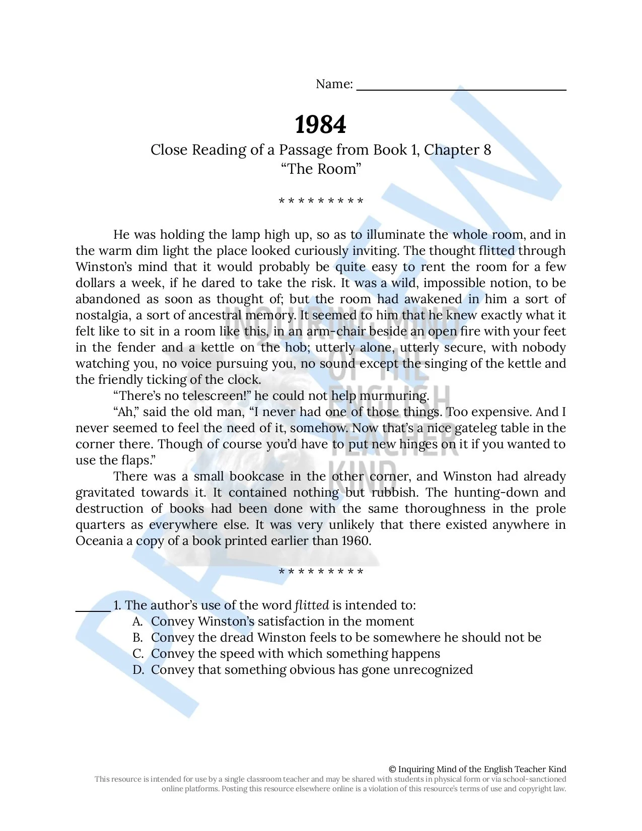 1984 by George Orwell Close Reading Analysis Worksheets Bundle for High School — Inquiring Mind ...