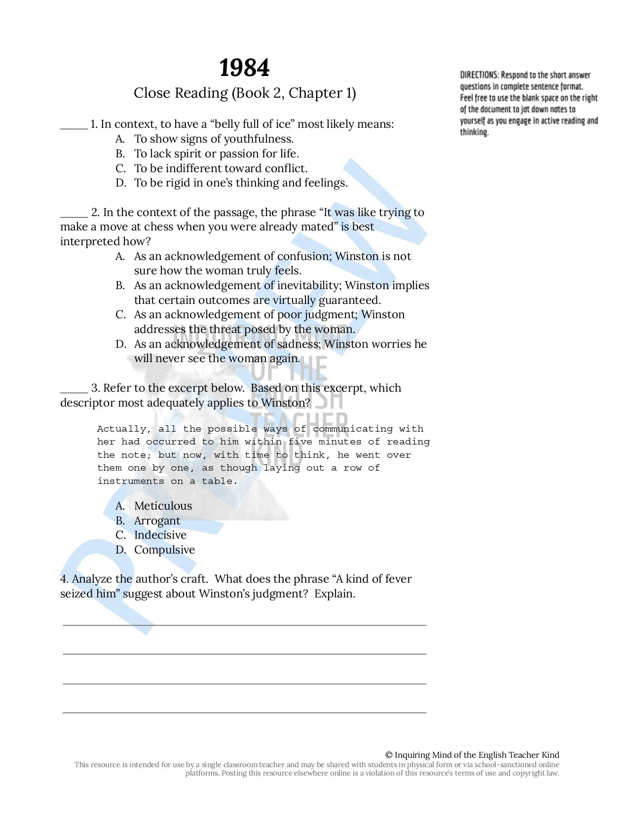 1984 by George Orwell Close Reading Analysis Worksheets Bundle for High School — Inquiring Mind ...