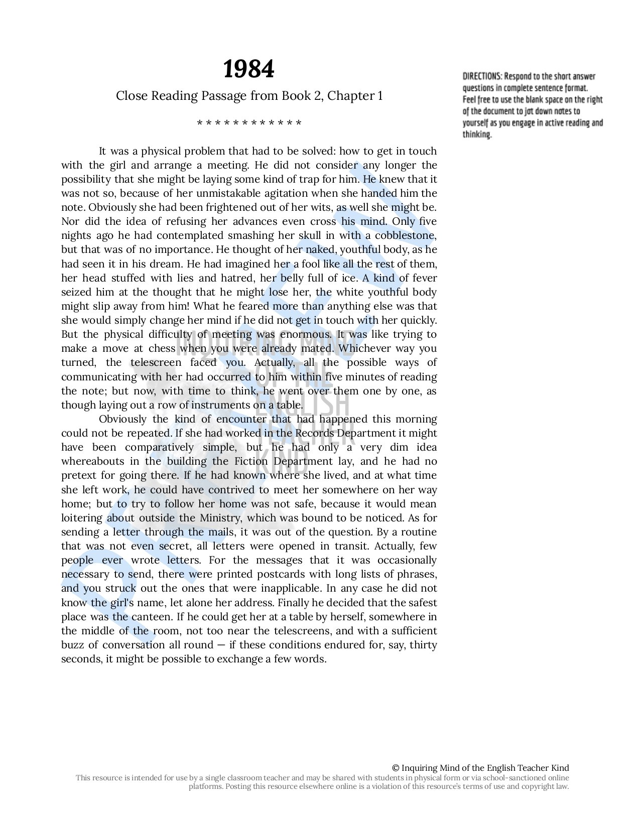 1984 by George Orwell Close Reading Analysis Worksheets Bundle for High School — Inquiring Mind ...