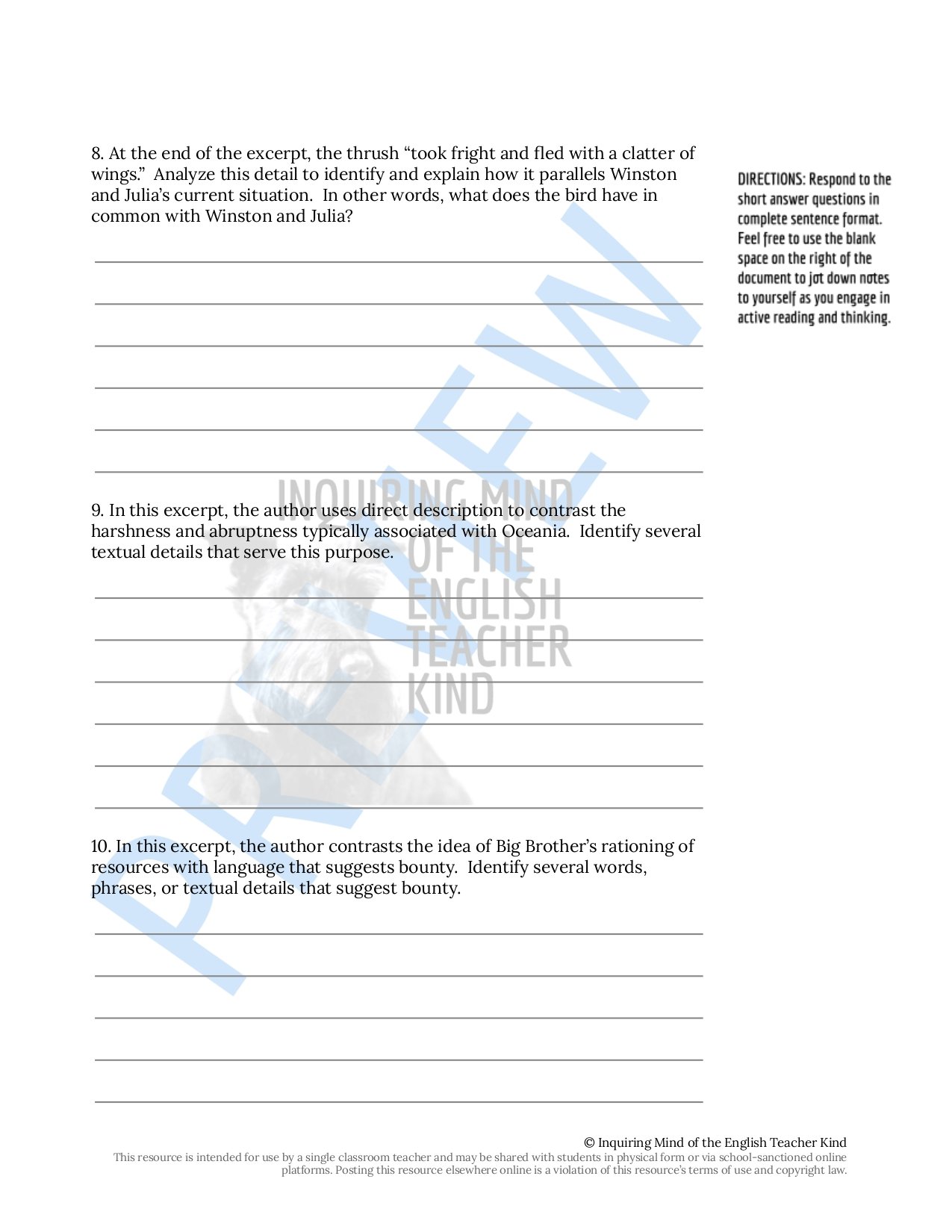 1984 by George Orwell Close Reading Analysis Worksheets Bundle for High School — Inquiring Mind ...