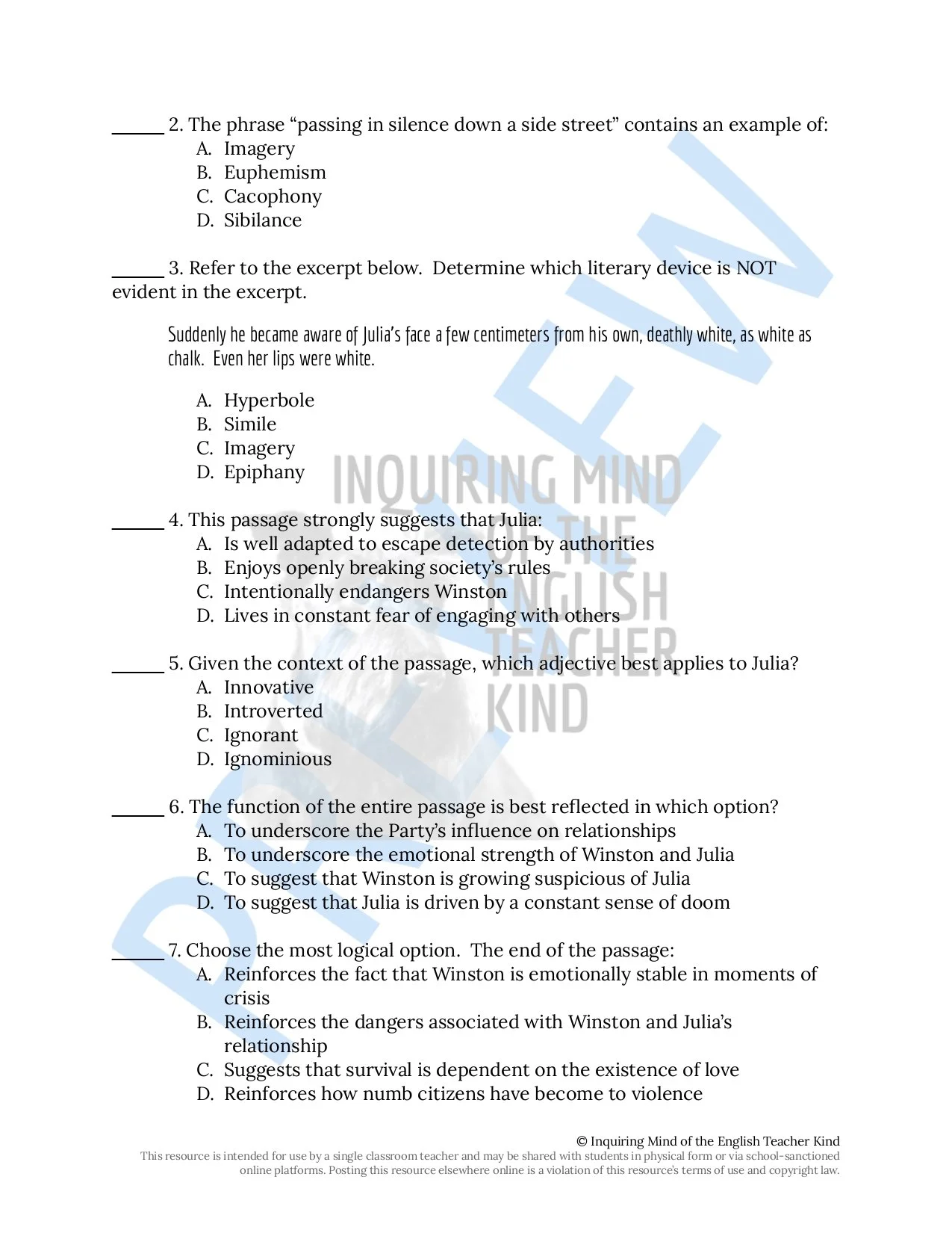 1984 by George Orwell Close Reading Analysis Worksheets Bundle for High School — Inquiring Mind ...