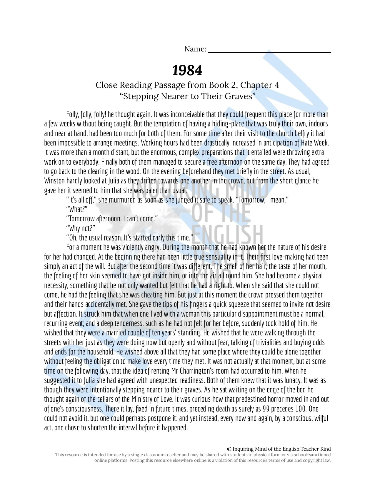 1984 by George Orwell Close Reading Analysis Worksheets Bundle for High ...