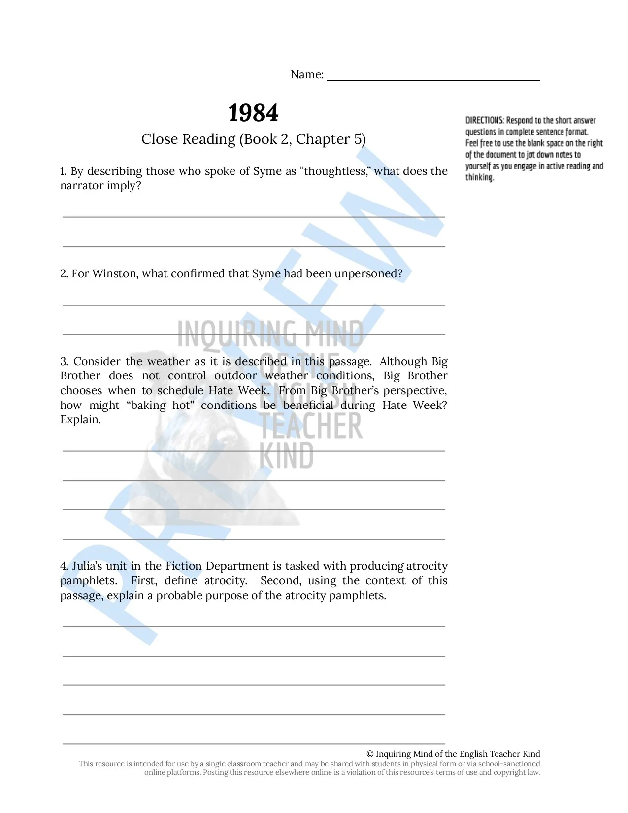 1984 by George Orwell Close Reading Analysis Worksheets Bundle for High School — Inquiring Mind ...