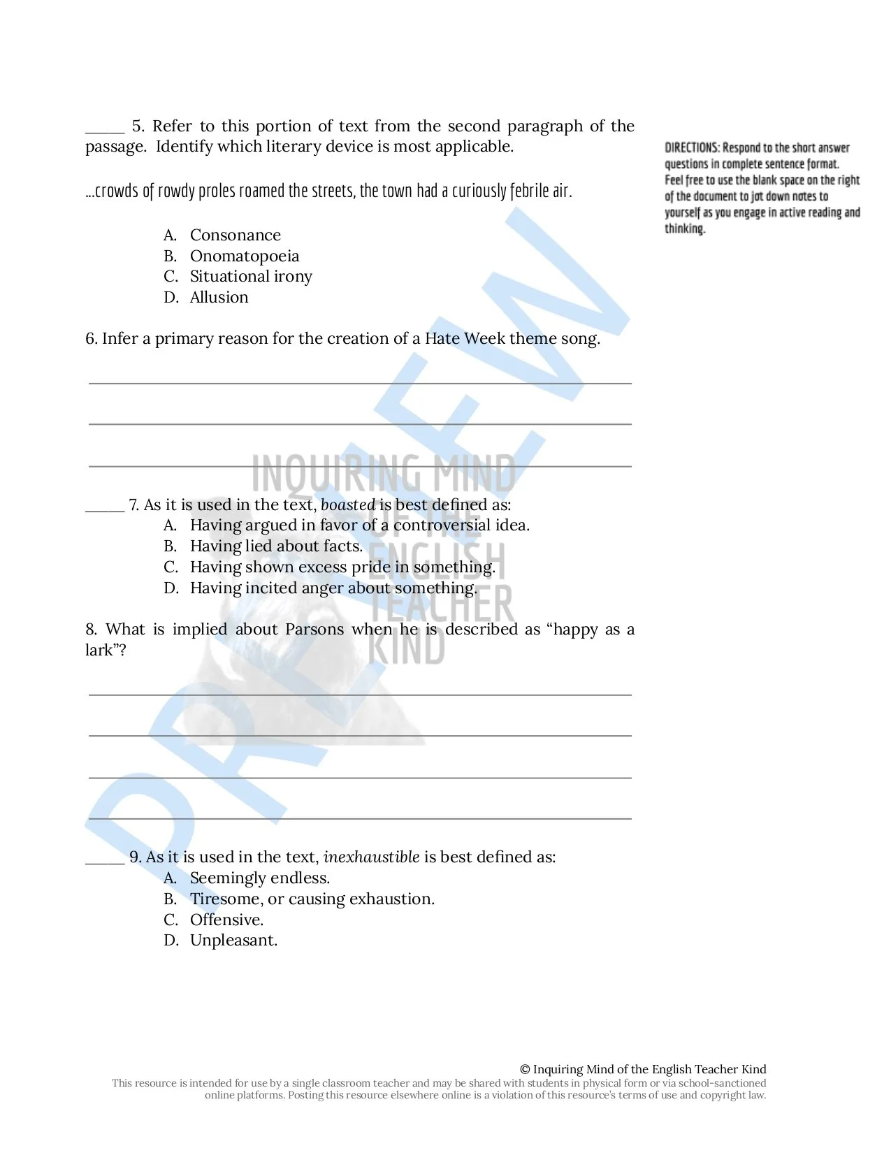 1984 by George Orwell Close Reading Analysis Worksheets Bundle for High School — Inquiring Mind ...