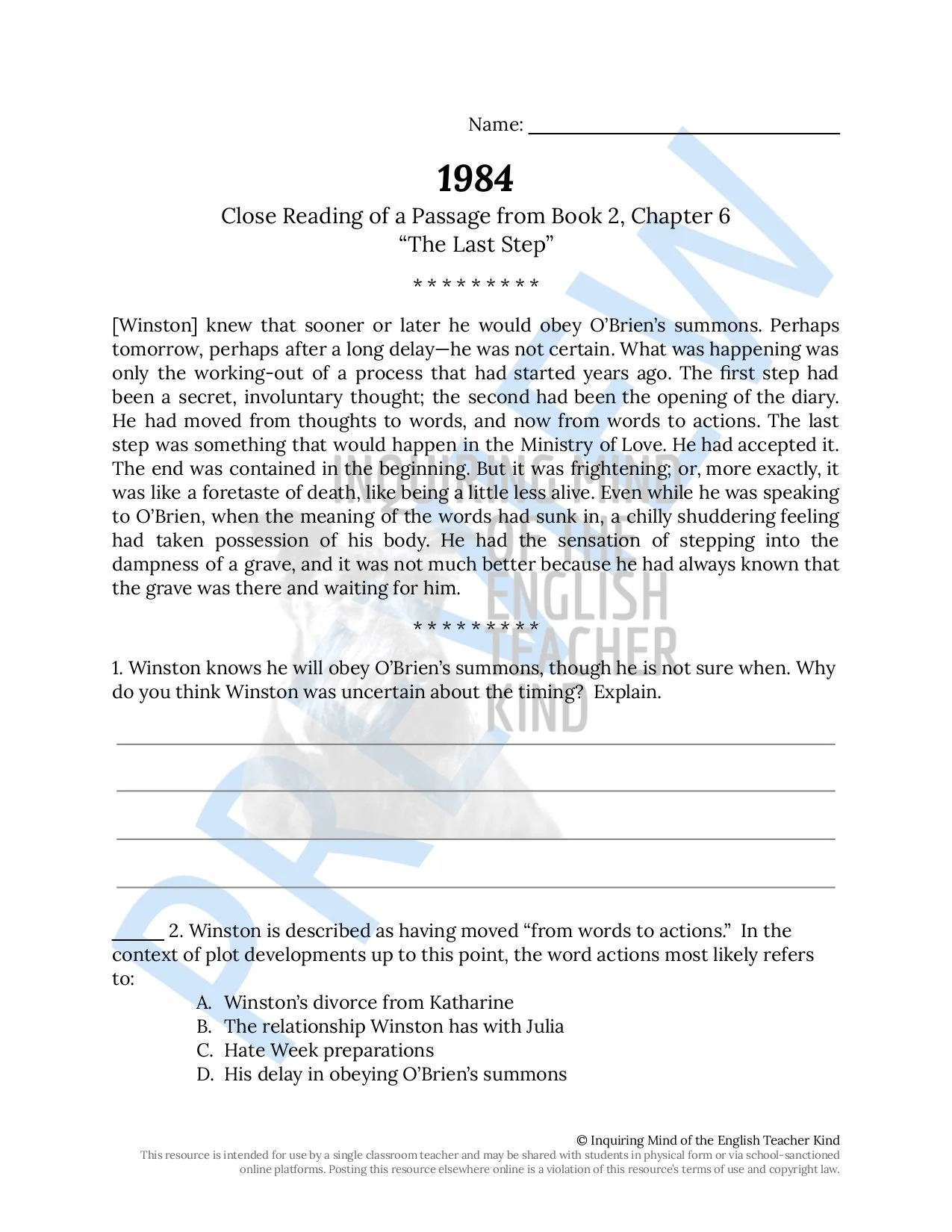1984 by George Orwell Close Reading Analysis Worksheets Bundle for High School — Inquiring Mind ...