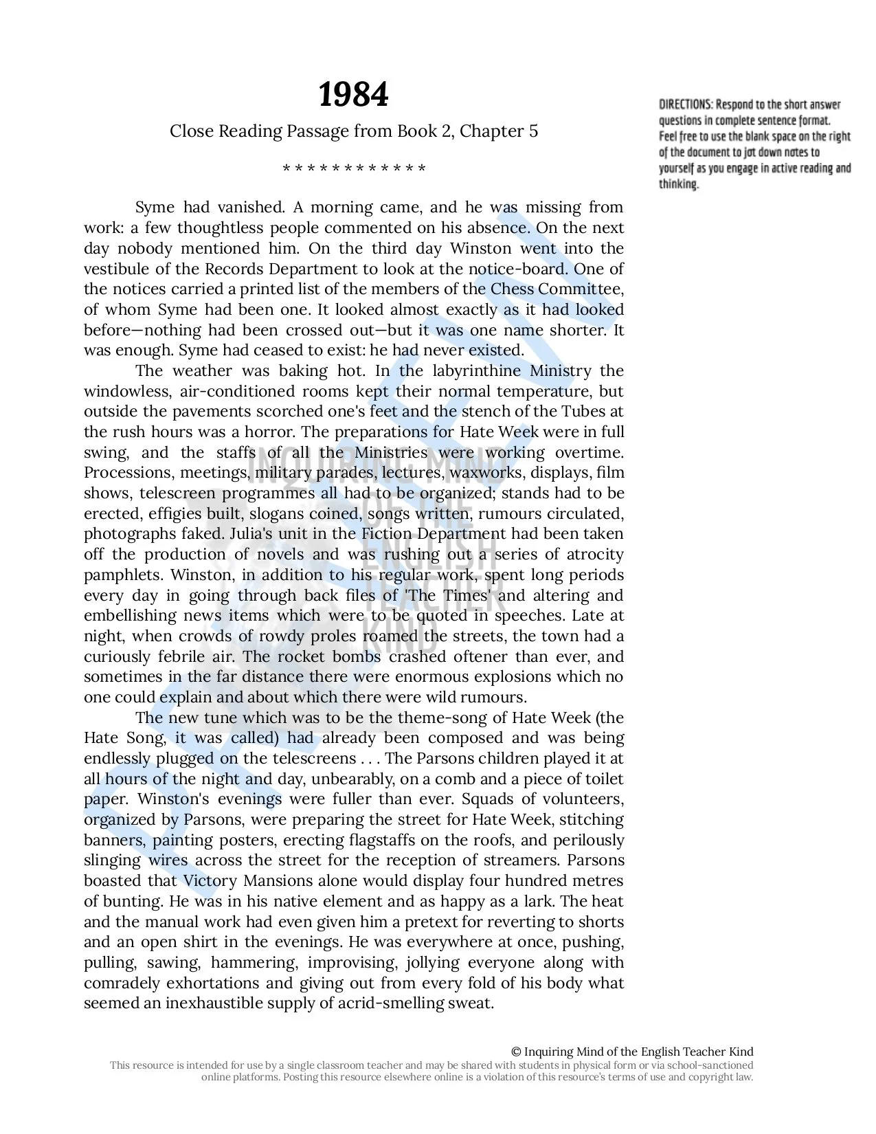 1984 by George Orwell Close Reading Analysis Worksheets Bundle for High ...