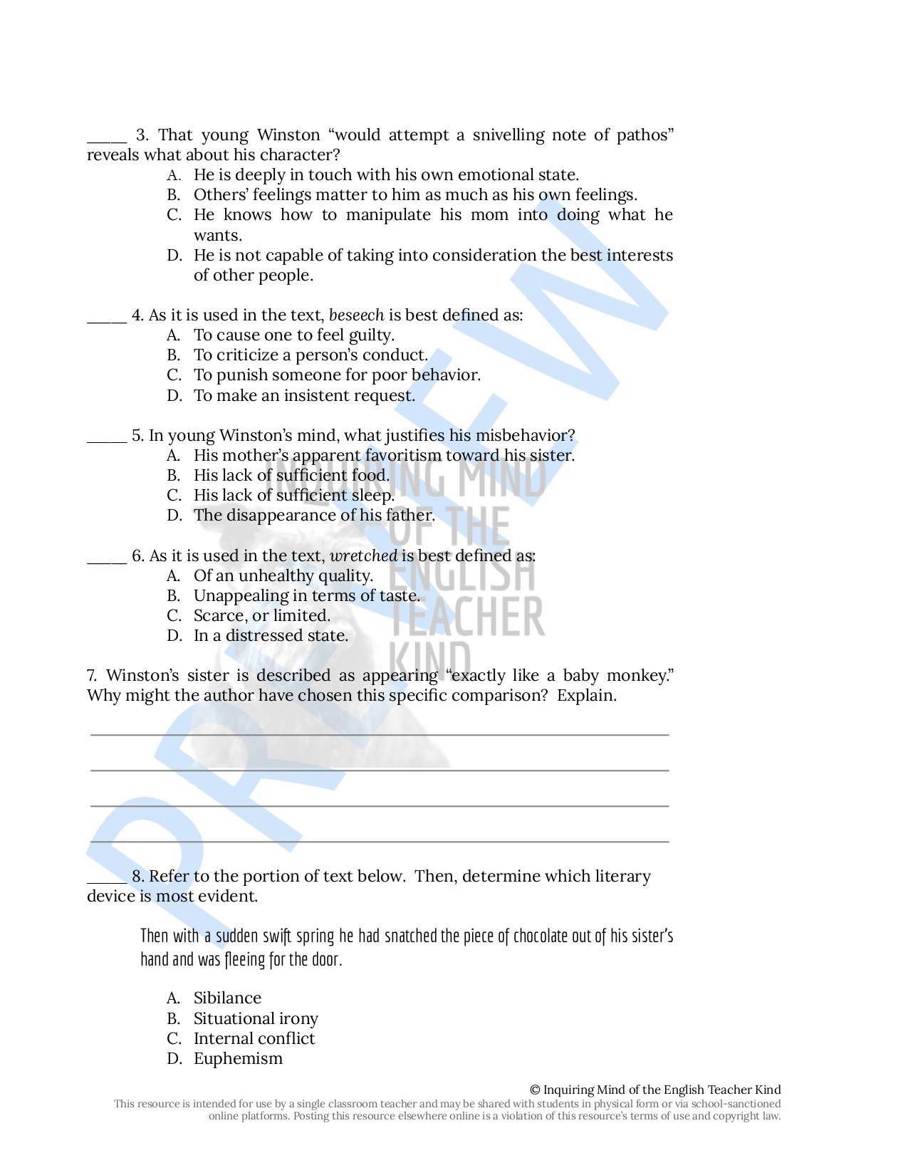 1984 by George Orwell Close Reading Analysis Worksheets Bundle for High School — Inquiring Mind ...