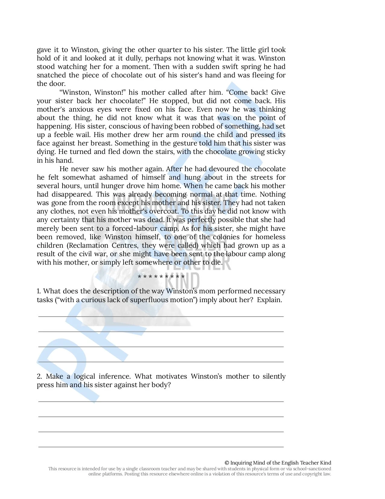 1984 by George Orwell Close Reading Analysis Worksheets Bundle for High ...