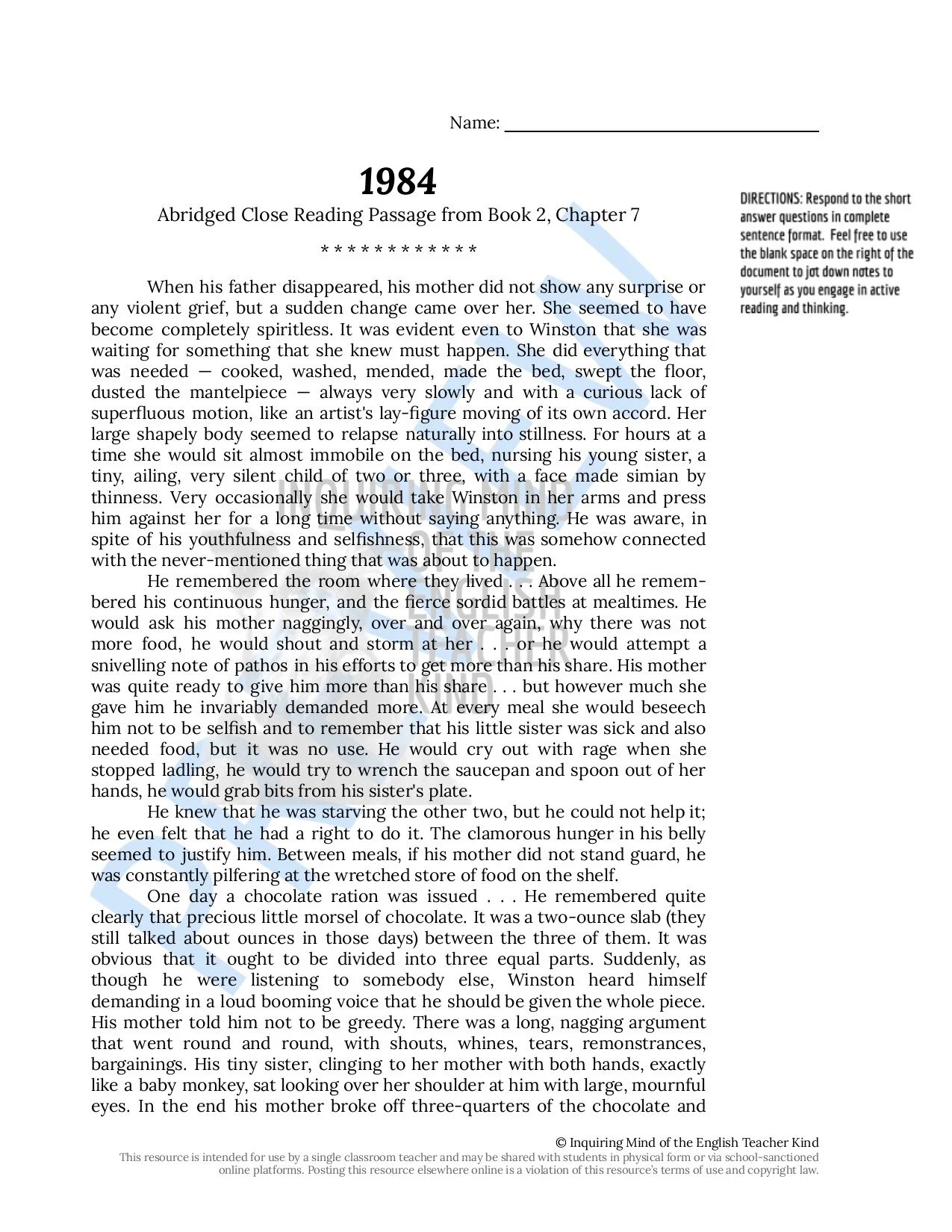 1984 by George Orwell Close Reading Analysis Worksheets Bundle for High School — Inquiring Mind ...