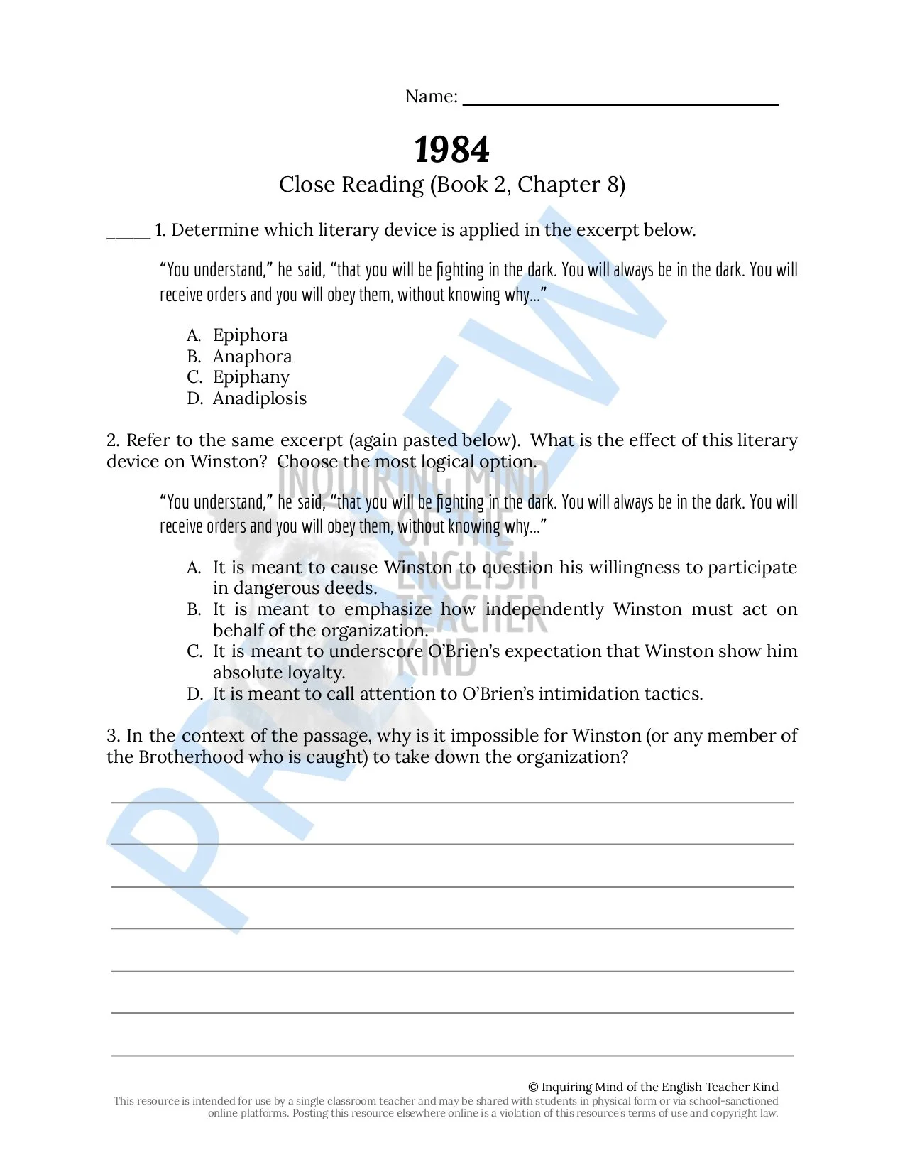 1984 by George Orwell Close Reading Analysis Worksheets Bundle for High School — Inquiring Mind ...