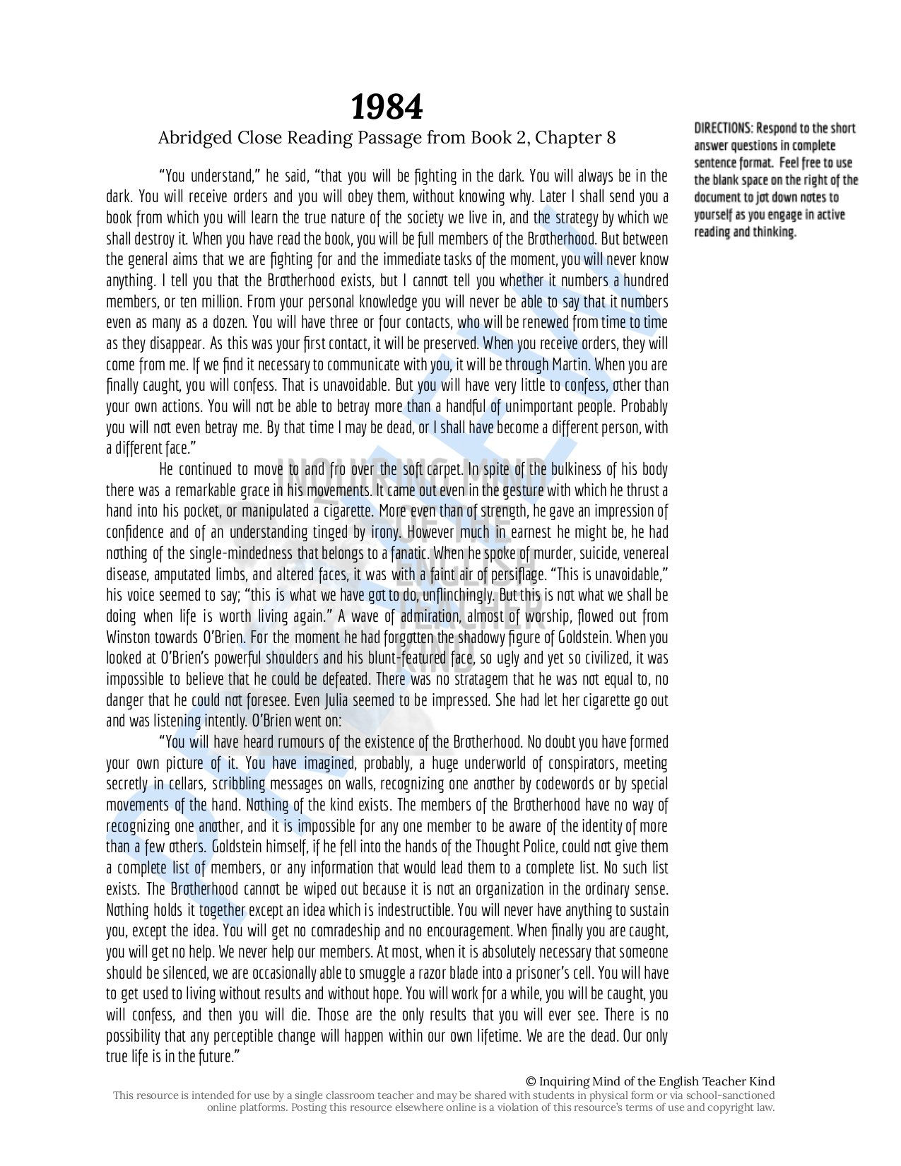 1984 by George Orwell Close Reading Analysis Worksheets Bundle for High School — Inquiring Mind ...