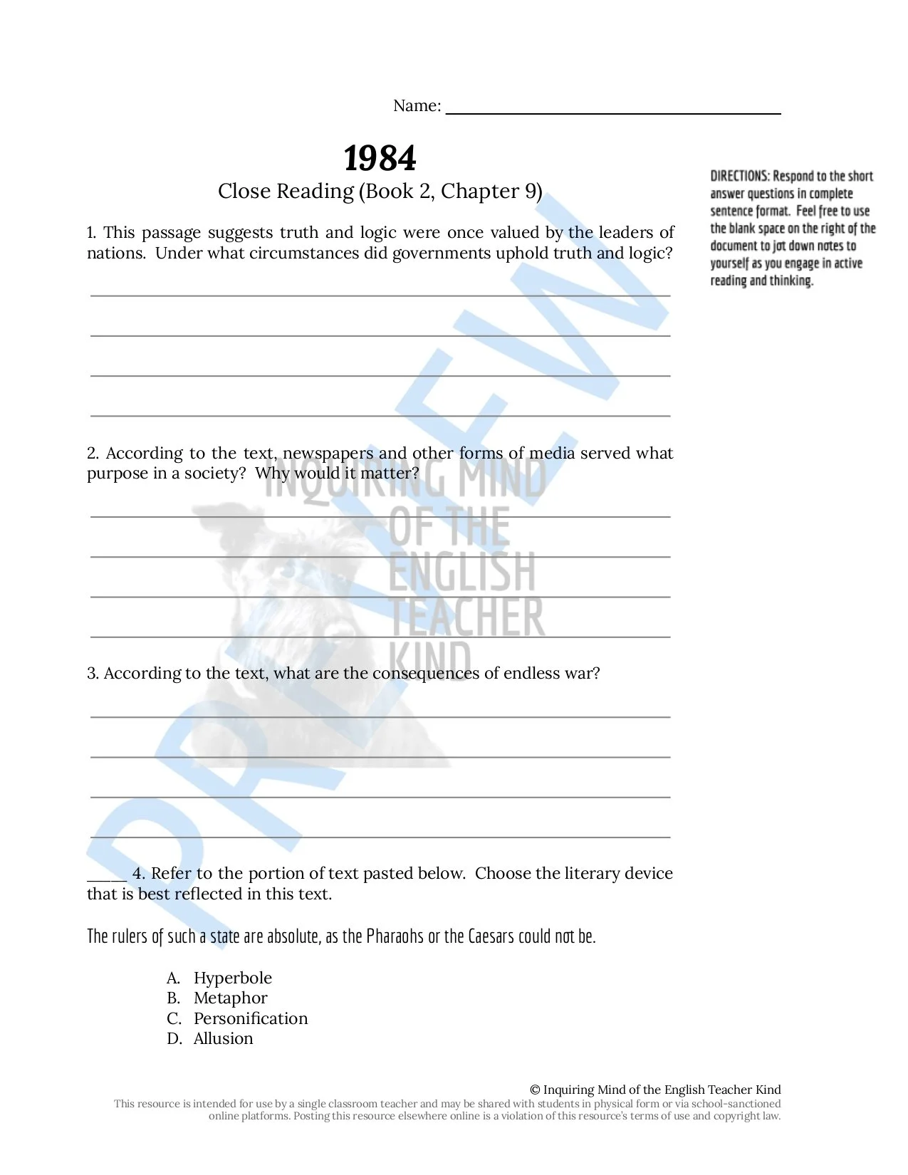 1984 by George Orwell Close Reading Analysis Worksheets Bundle for High School — Inquiring Mind ...