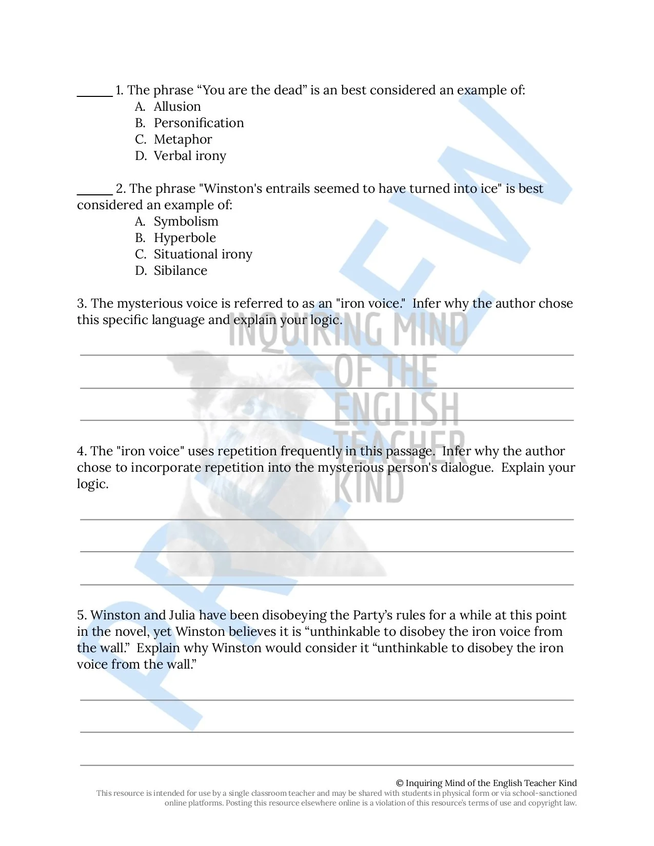 1984 by George Orwell Close Reading Analysis Worksheets Bundle for High School — Inquiring Mind ...