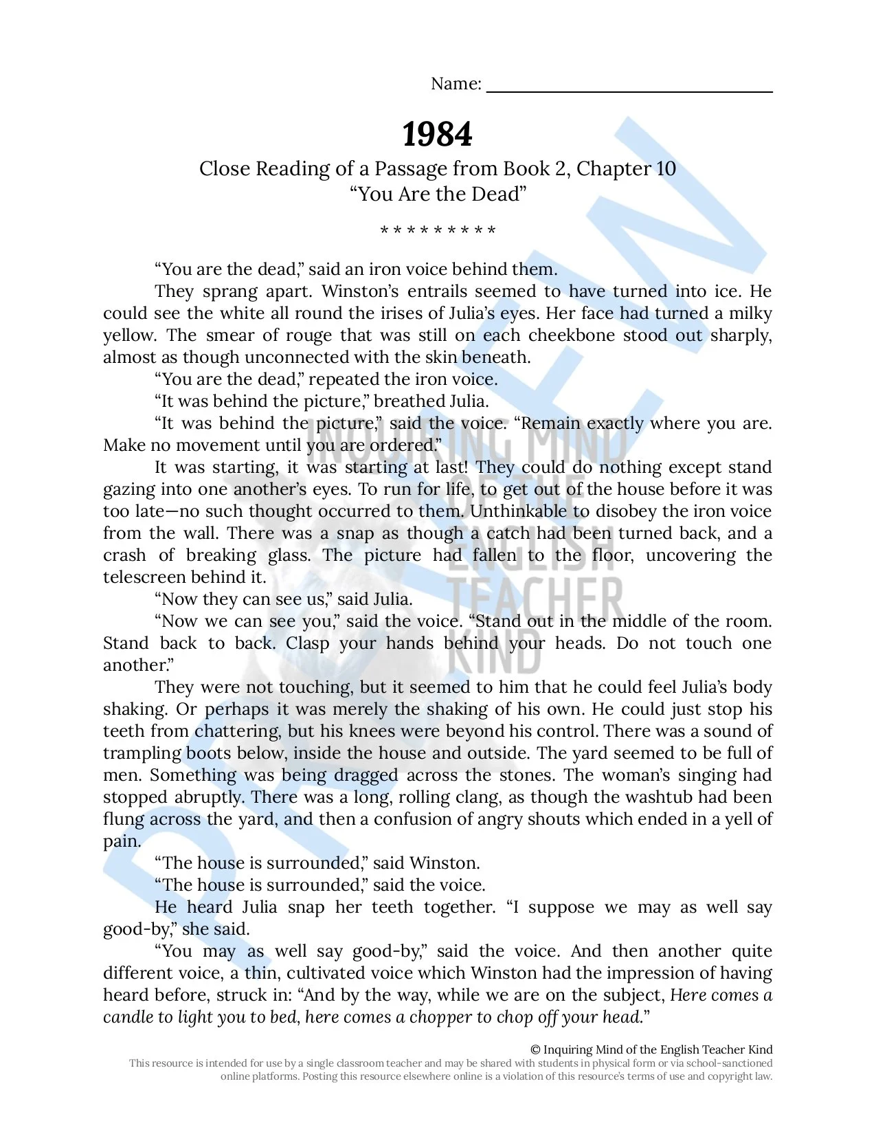 1984 by George Orwell Close Reading Analysis Worksheets Bundle for High School — Inquiring Mind ...