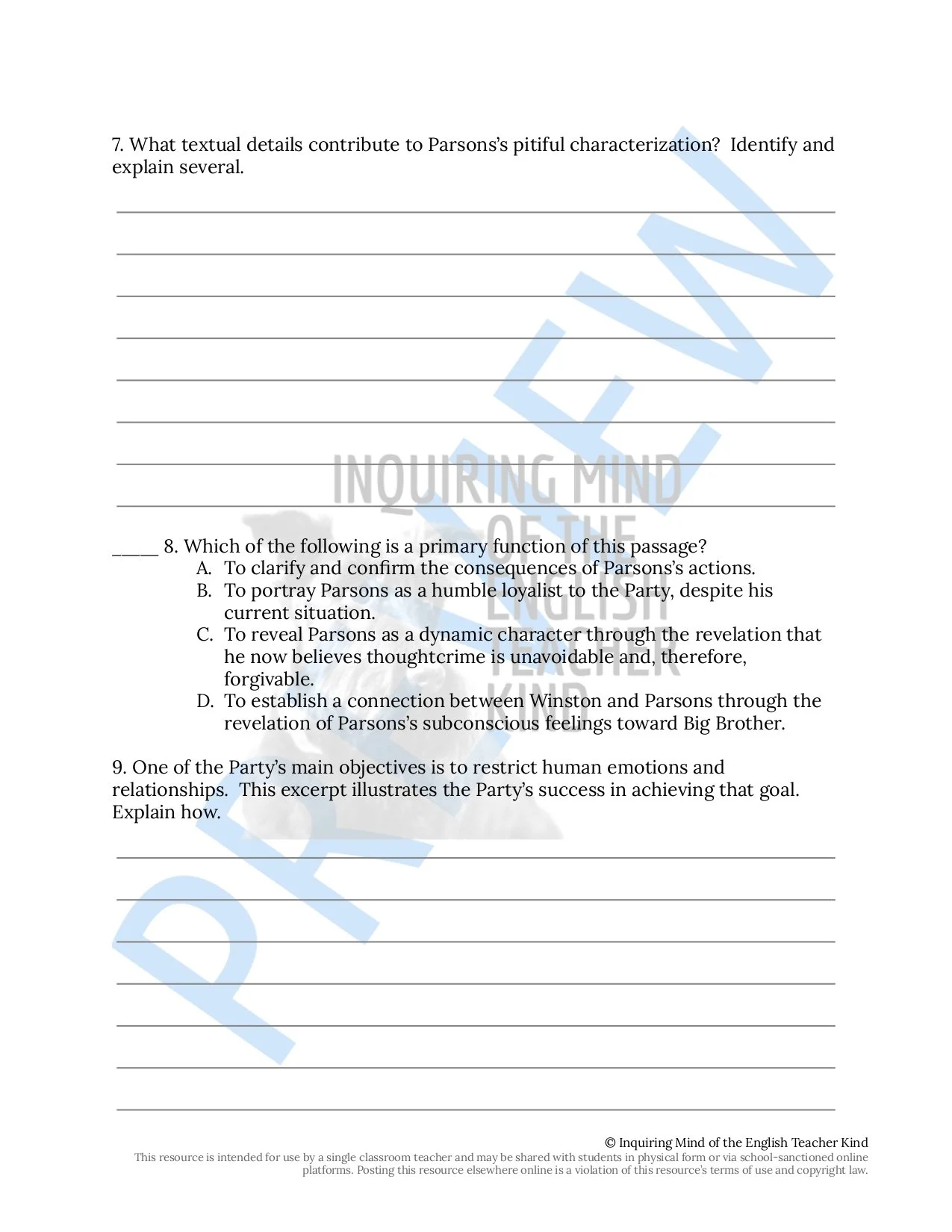 1984 by George Orwell Close Reading Analysis Worksheets Bundle for High ...