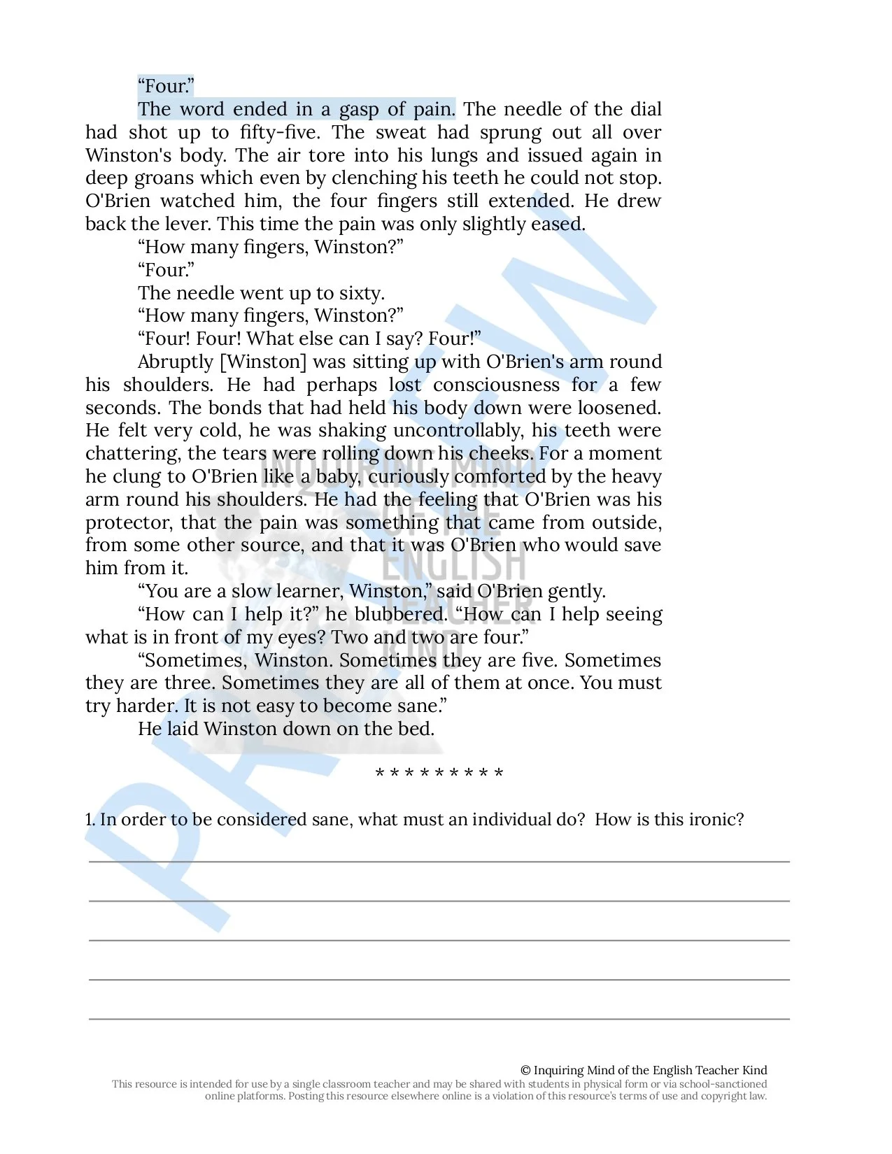 1984 by George Orwell Close Reading Analysis Worksheets Bundle for High ...