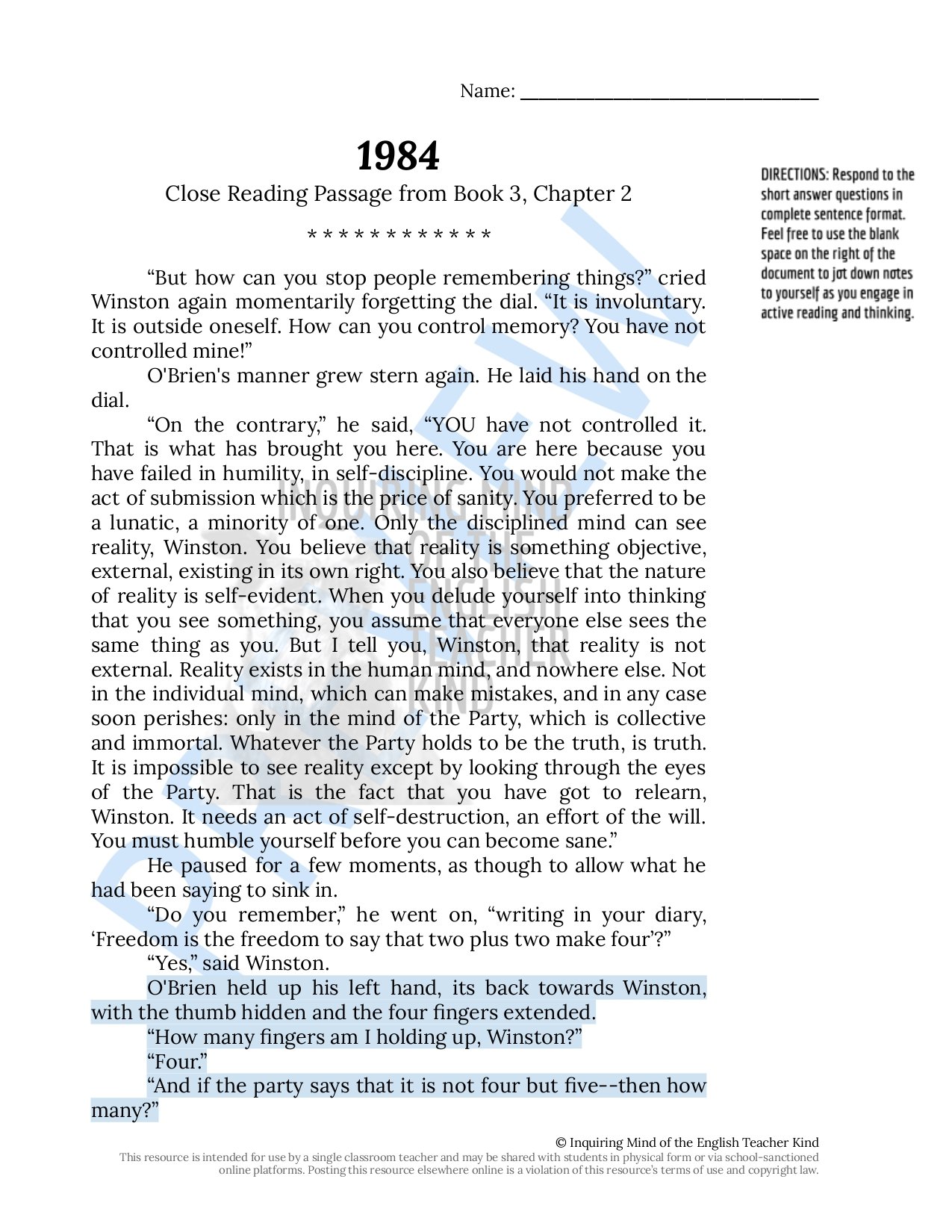 1984 by George Orwell Close Reading Analysis Worksheets Bundle for High ...