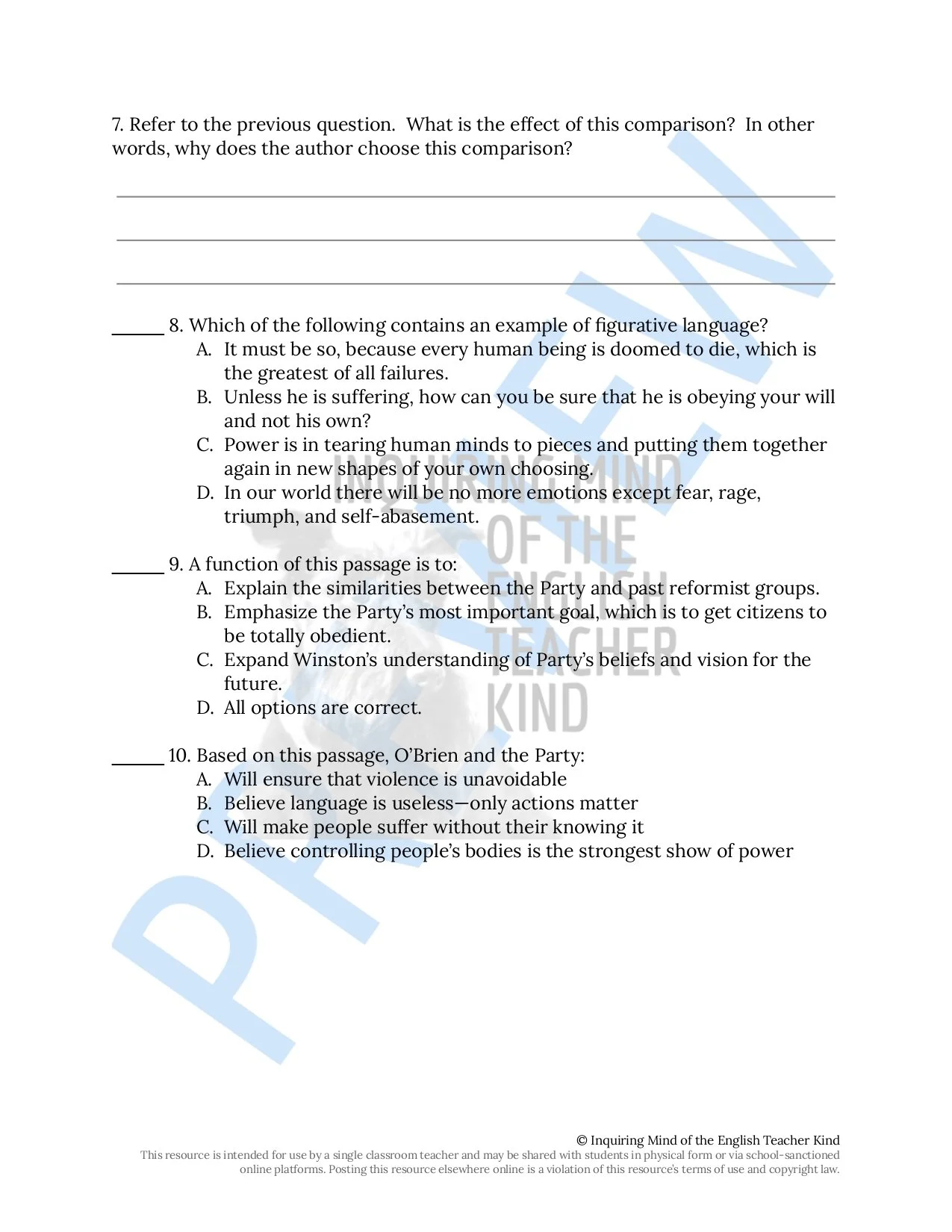 1984 by George Orwell Close Reading Analysis Worksheets Bundle for High ...