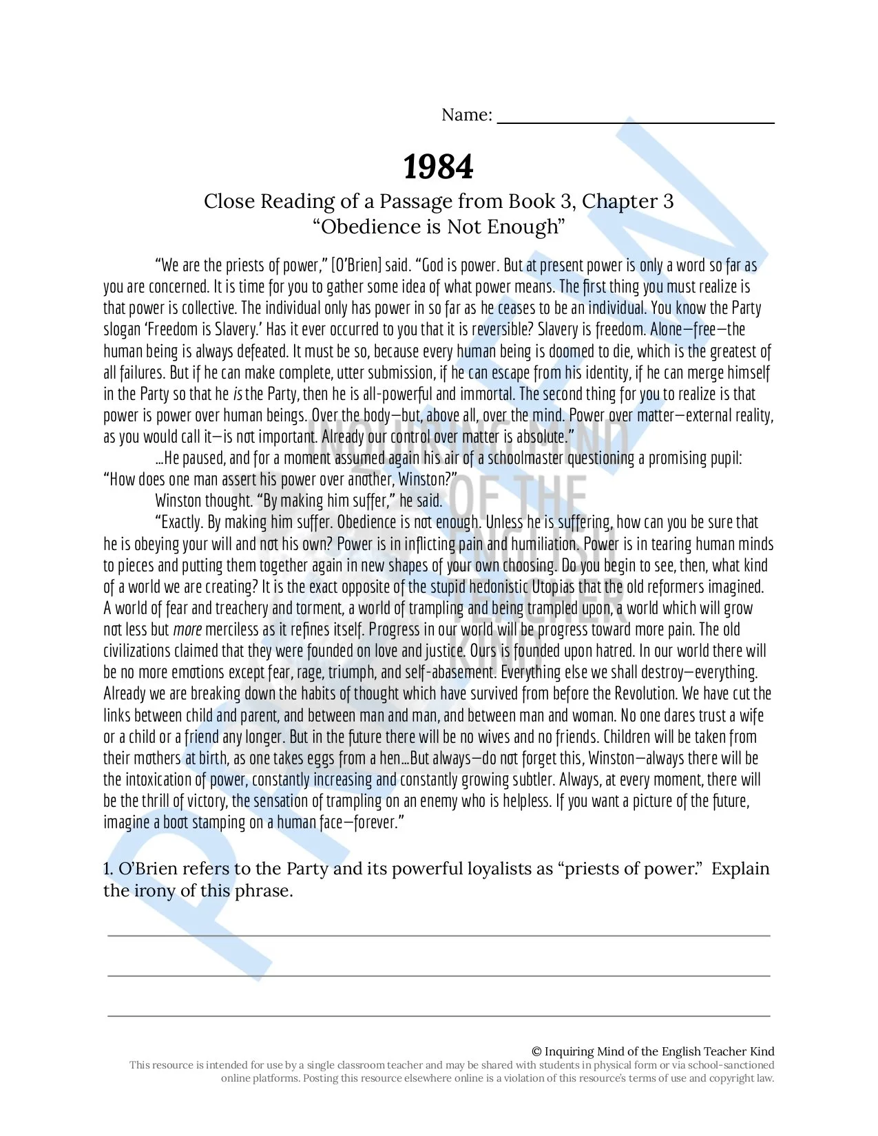 1984 by George Orwell Close Reading Analysis Worksheets Bundle for High School — Inquiring Mind ...