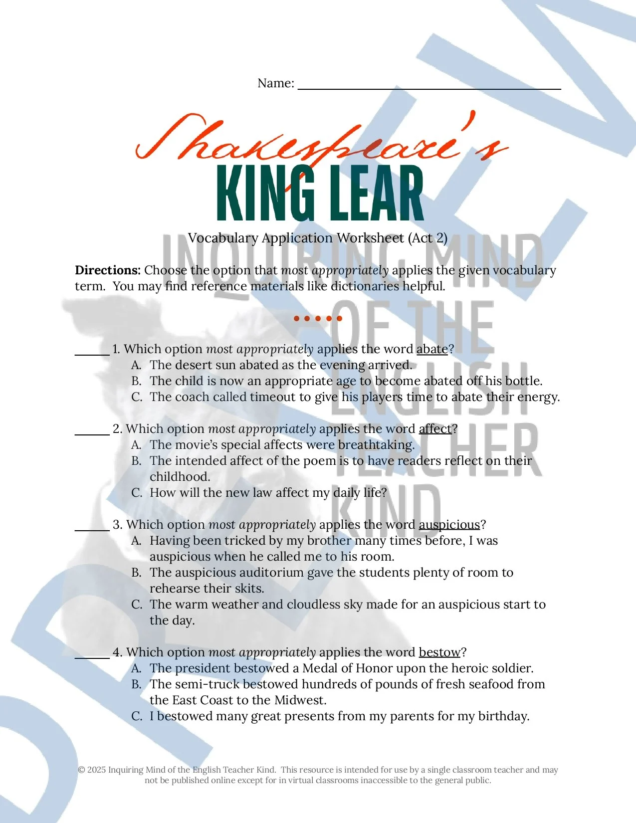 King Lear Act 2 Quiz and Close Reading Analysis Worksheets Bundle for ...