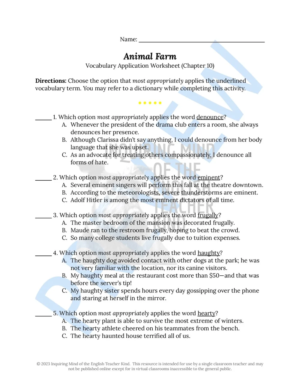 Animal Farm by George Orwell Vocabulary Development Games and ...