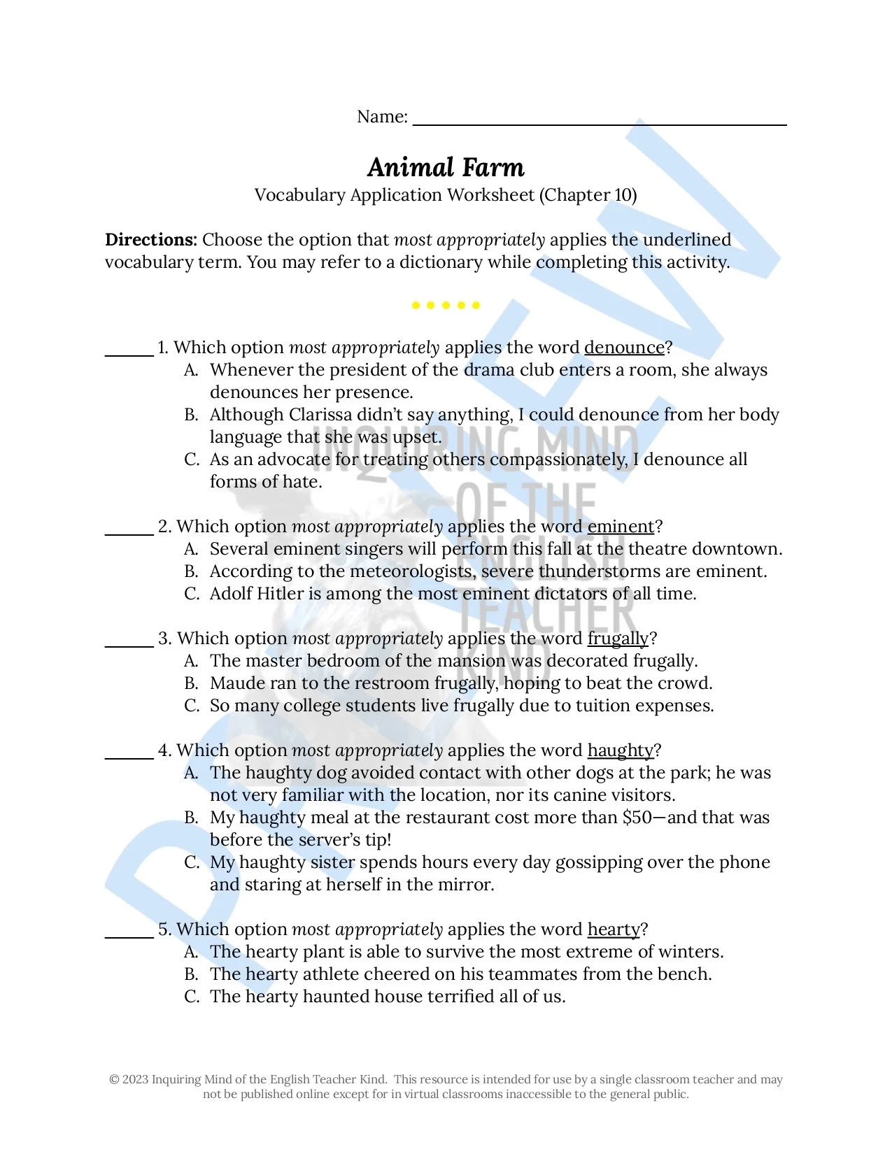 Animal Farm by George Orwell Vocabulary Development Games and ...