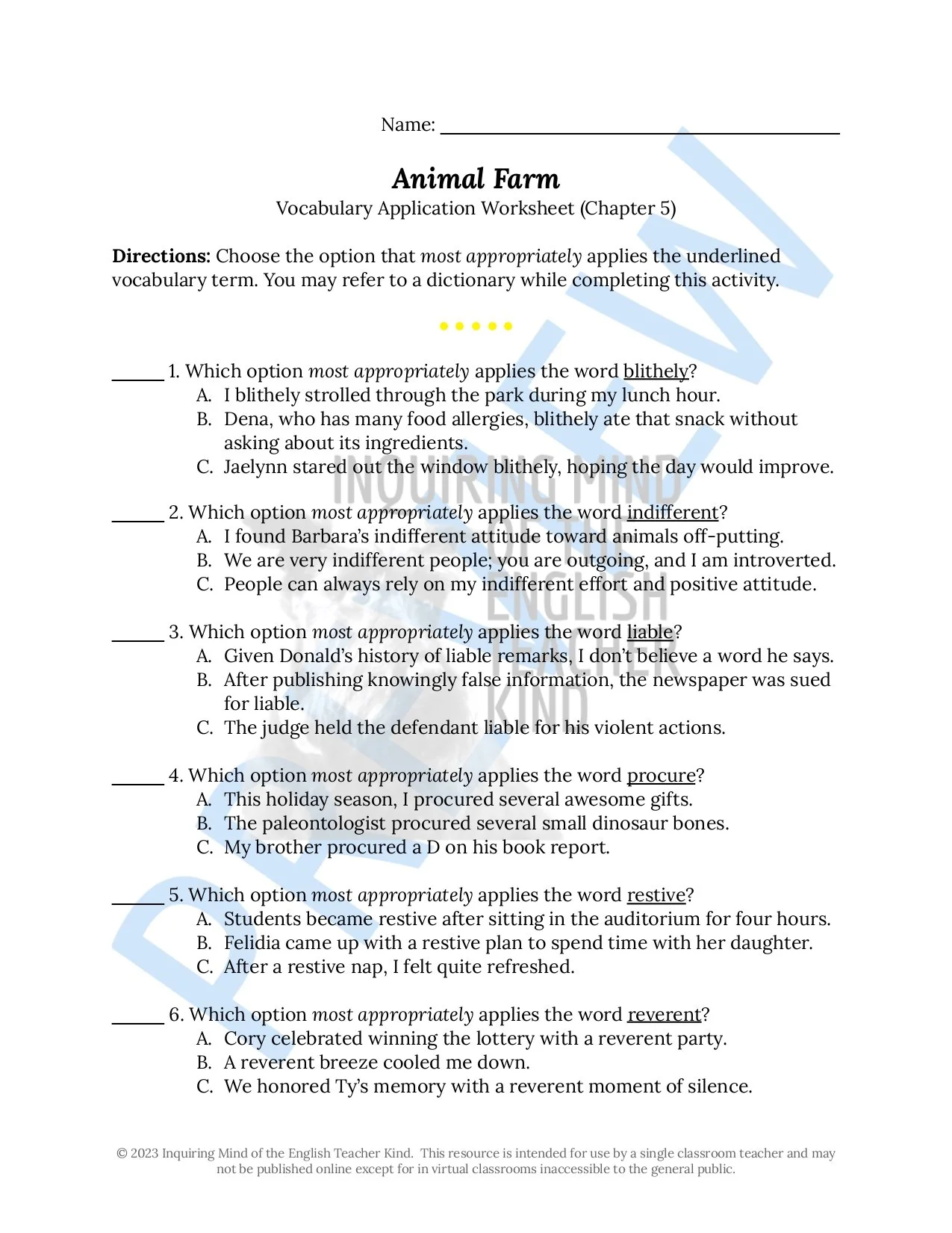 Animal Farm by George Orwell Vocabulary Development Games and ...