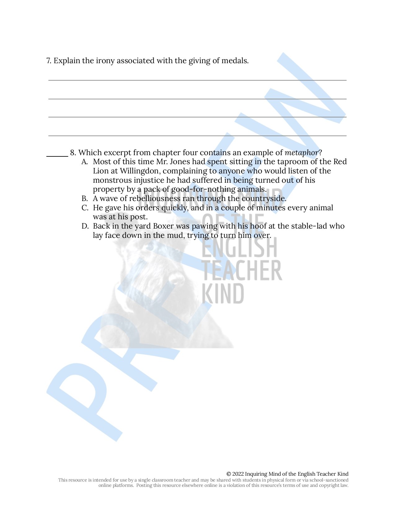 Animal Farm by George Orwell Quiz, Close Reading, and Summative Project ...