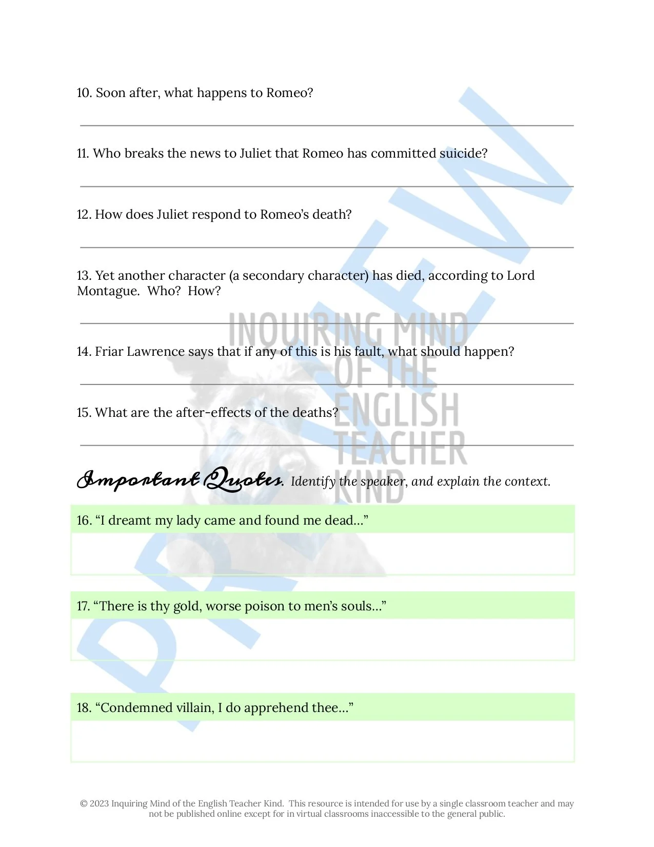 Romeo and Juliet Act 5 Quiz and Close Reading Worksheets Bundle for ...