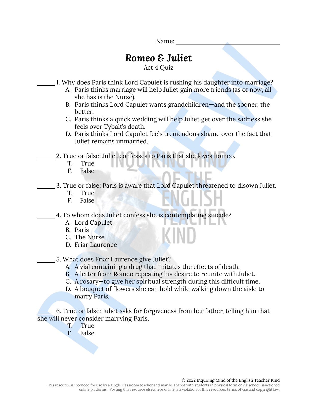 Romeo and Juliet Quiz and Answer Key Bundle for High School — Inquiring ...