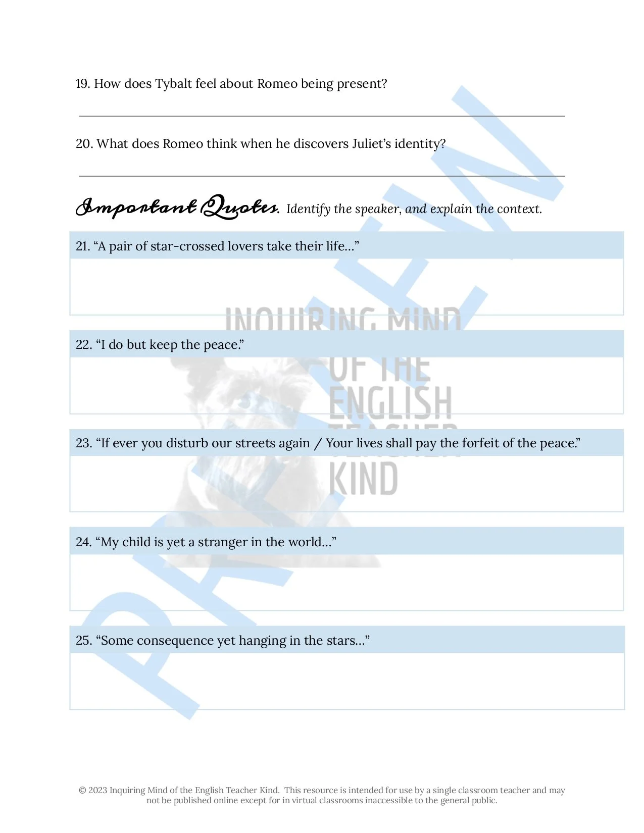 Romeo and Juliet Guided Reading Worksheets and Answer Keys Bundle for ...