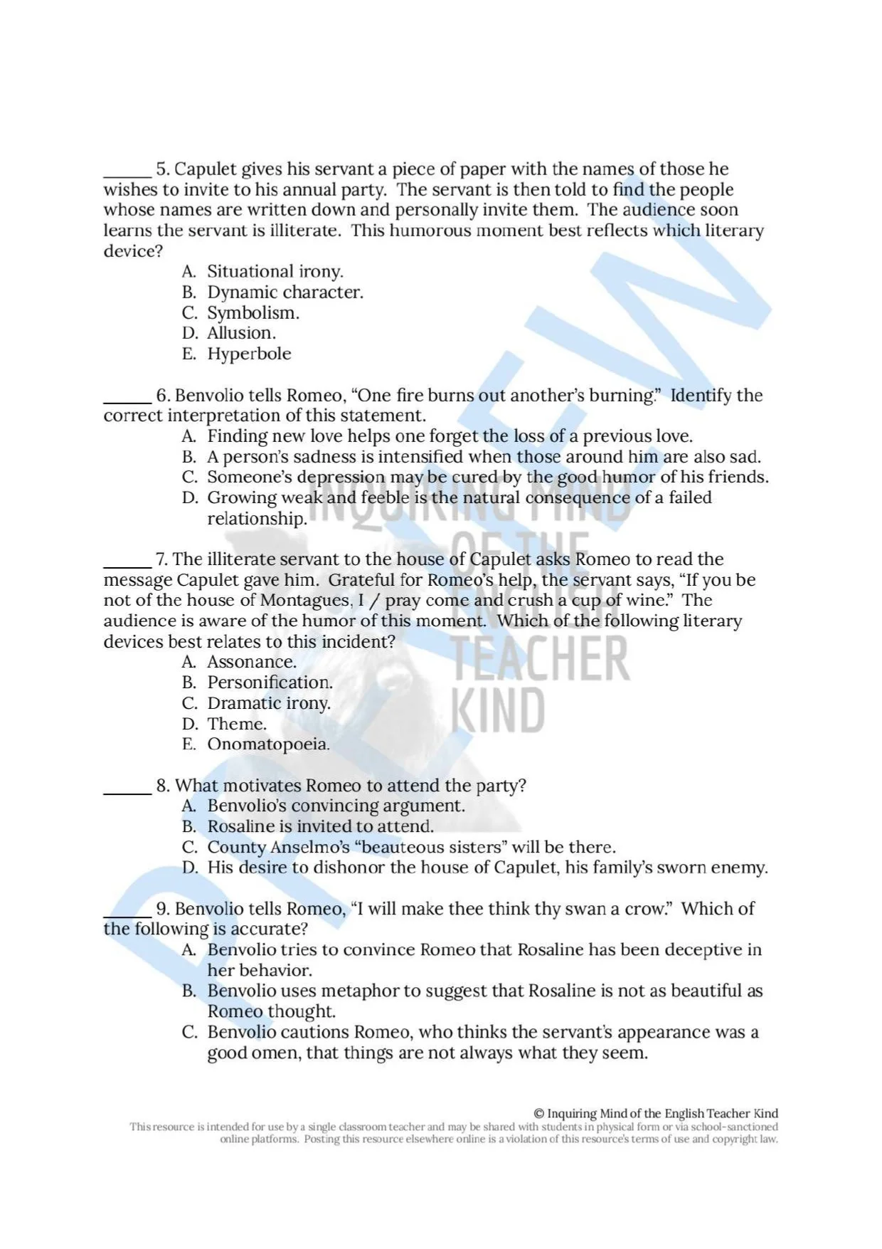 Romeo and Juliet Close Reading Analysis Worksheets Bundle with Answer ...