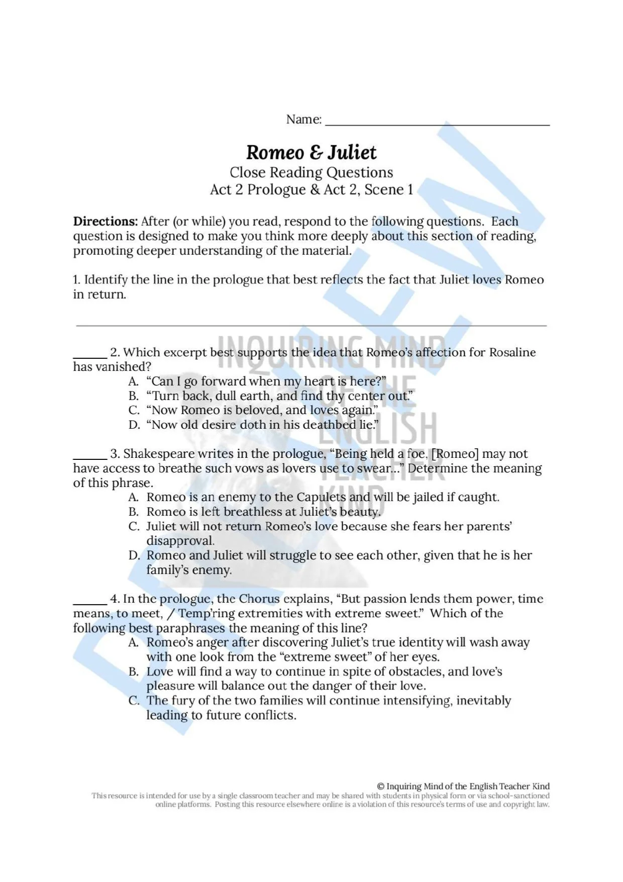 Romeo and Juliet Close Reading Analysis Worksheets Bundle with Answer ...