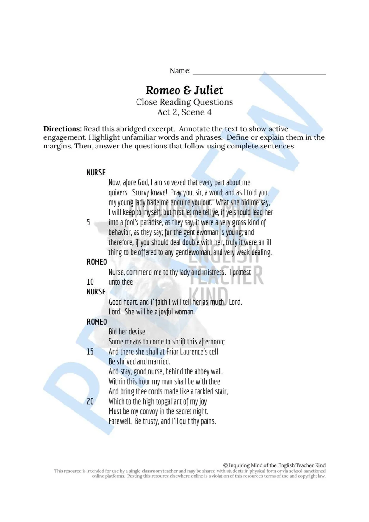 Romeo and Juliet Close Reading Analysis Worksheets Bundle with Answer ...
