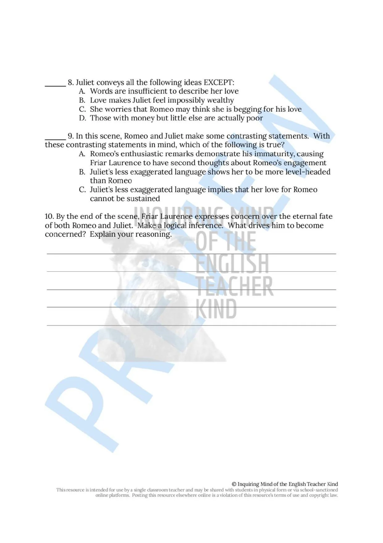 Romeo and Juliet Close Reading Analysis Worksheets Bundle with Answer ...