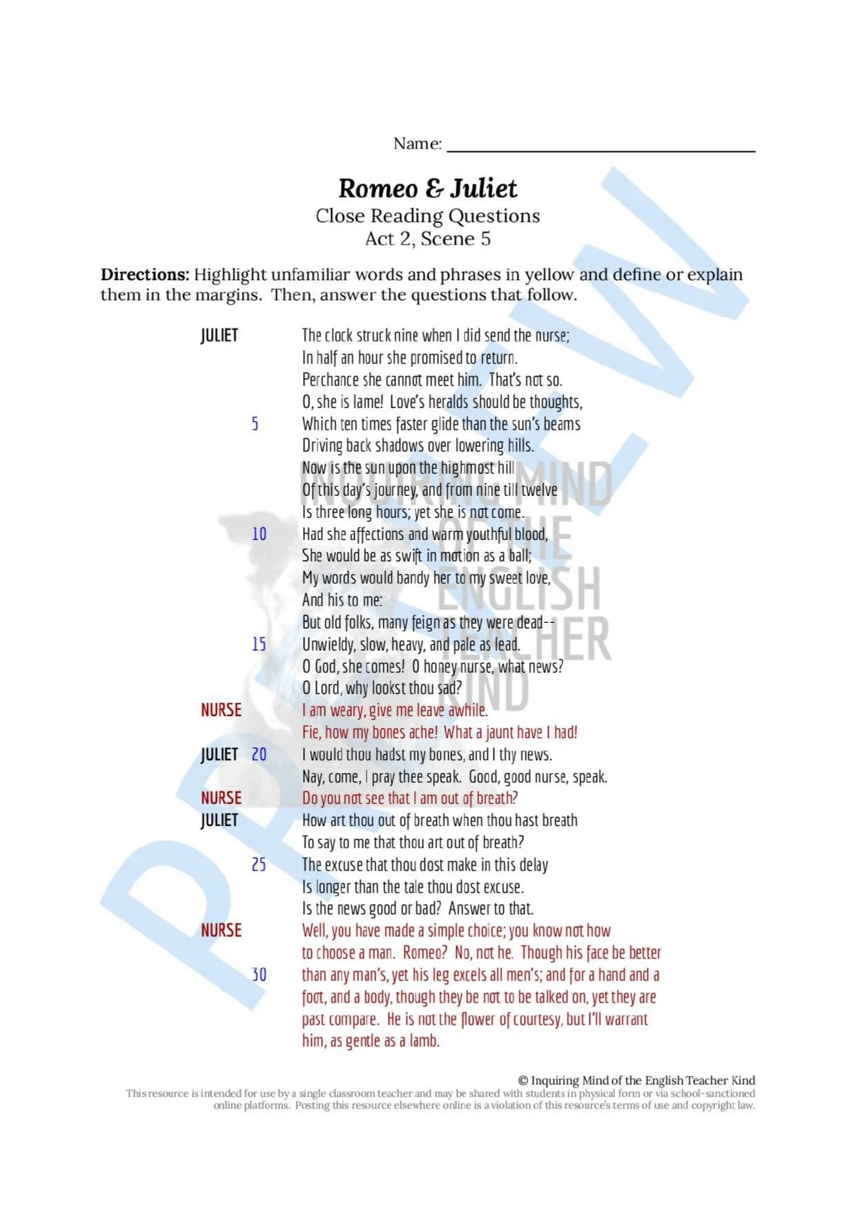 Romeo and Juliet Close Reading Analysis Worksheets Bundle with Answer ...