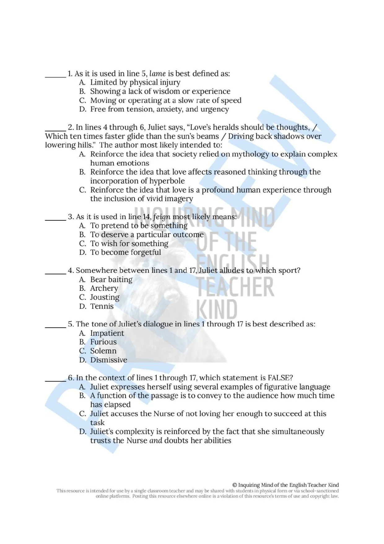 Romeo and Juliet Close Reading Analysis Worksheets Bundle with Answer ...
