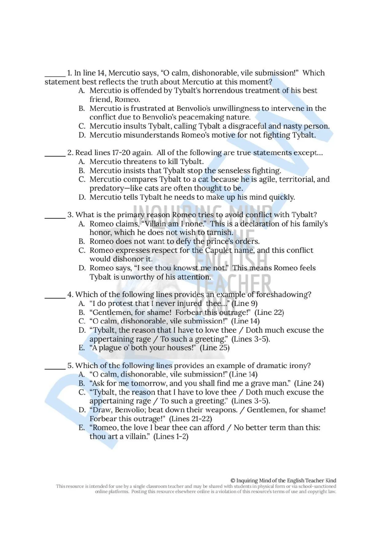 Romeo and Juliet Close Reading Analysis Worksheets Bundle with Answer ...