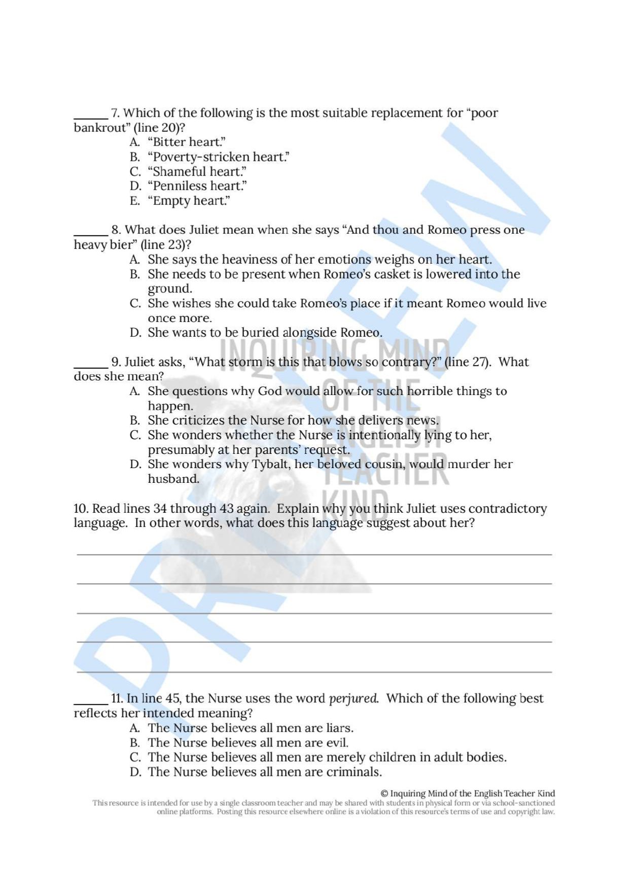 Romeo and Juliet Close Reading Analysis Worksheets Bundle with Answer ...