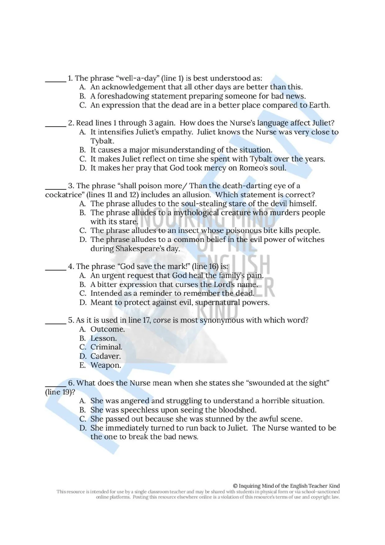 Romeo and Juliet Close Reading Analysis Worksheets Bundle with Answer ...