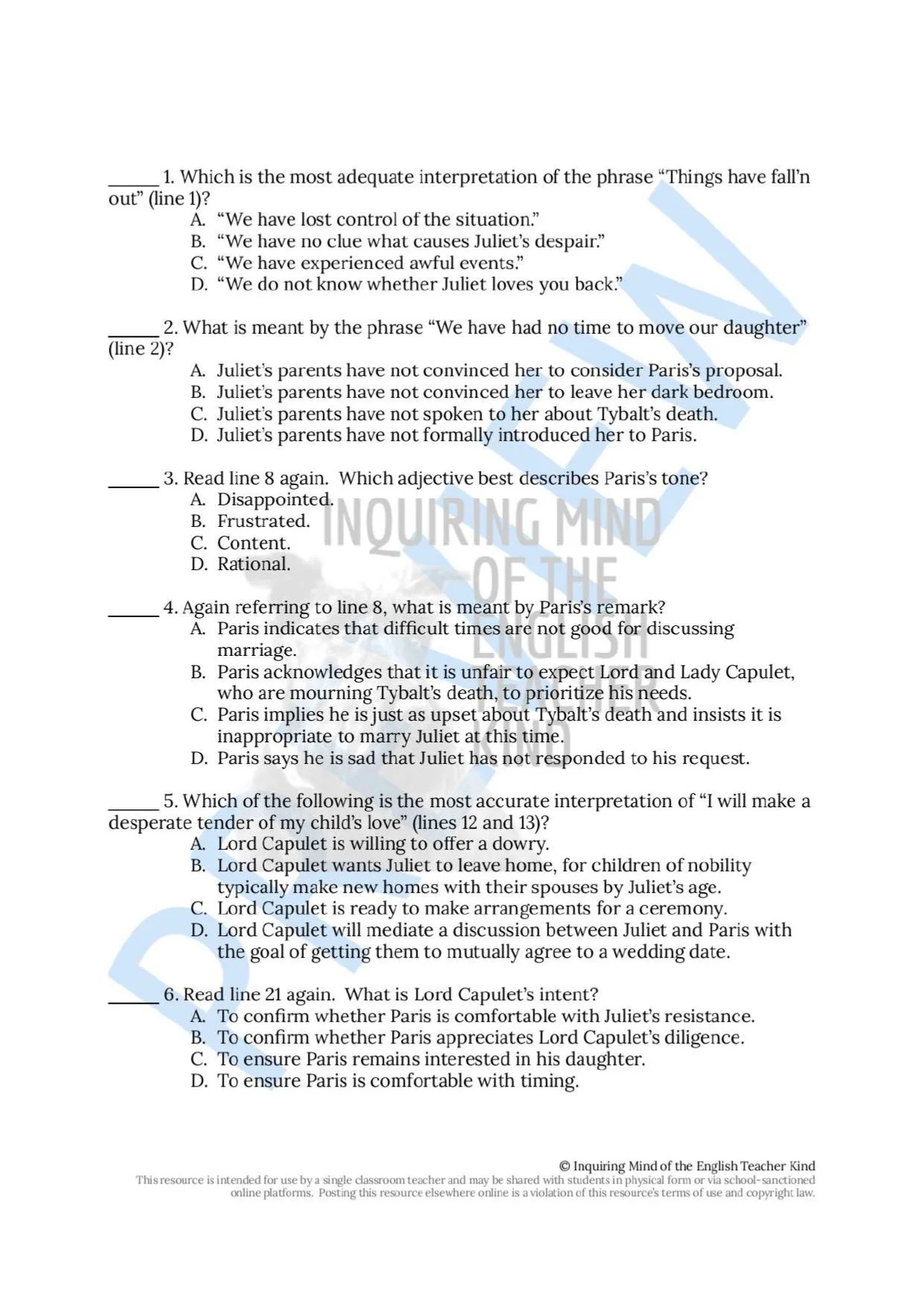 Romeo and Juliet Close Reading Analysis Worksheets Bundle with Answer ...