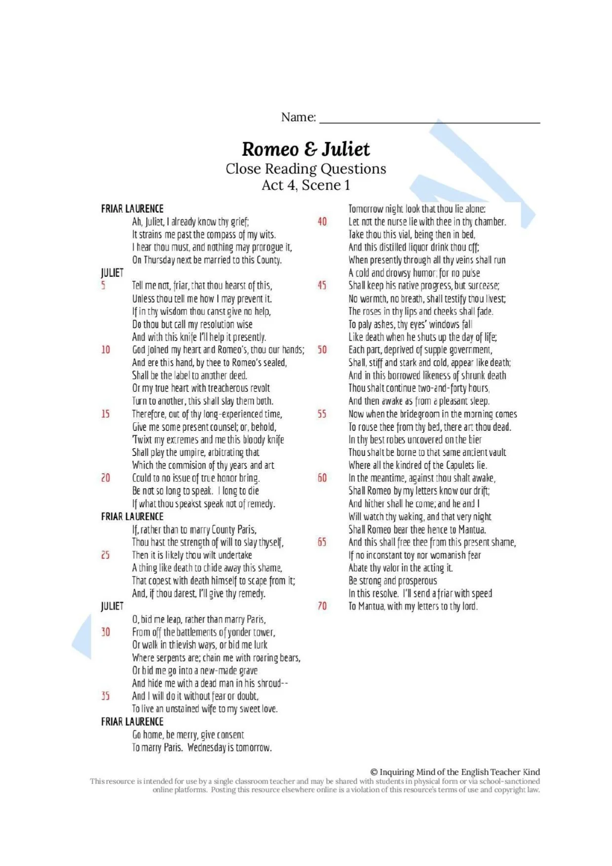 Romeo and Juliet Close Reading Analysis Worksheets Bundle with Answer ...