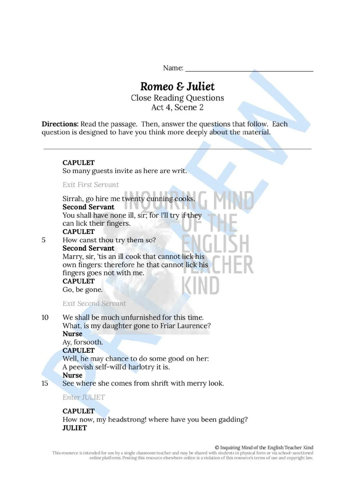 Romeo and Juliet Close Reading Analysis Worksheets Bundle with Answer ...