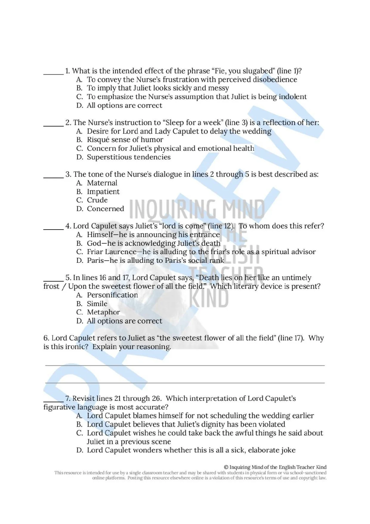 Romeo and Juliet Close Reading Analysis Worksheets Bundle with Answer ...