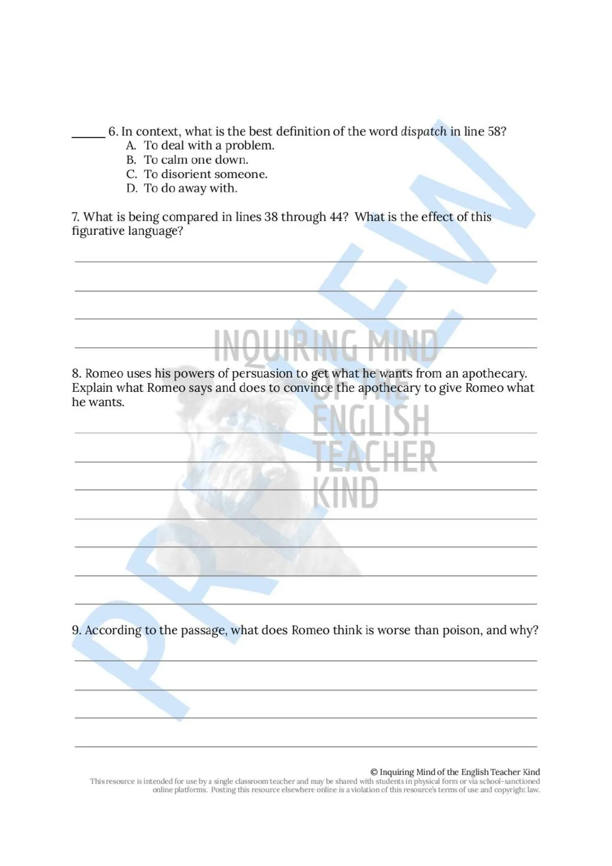 Romeo and Juliet Close Reading Analysis Worksheets Bundle with Answer ...