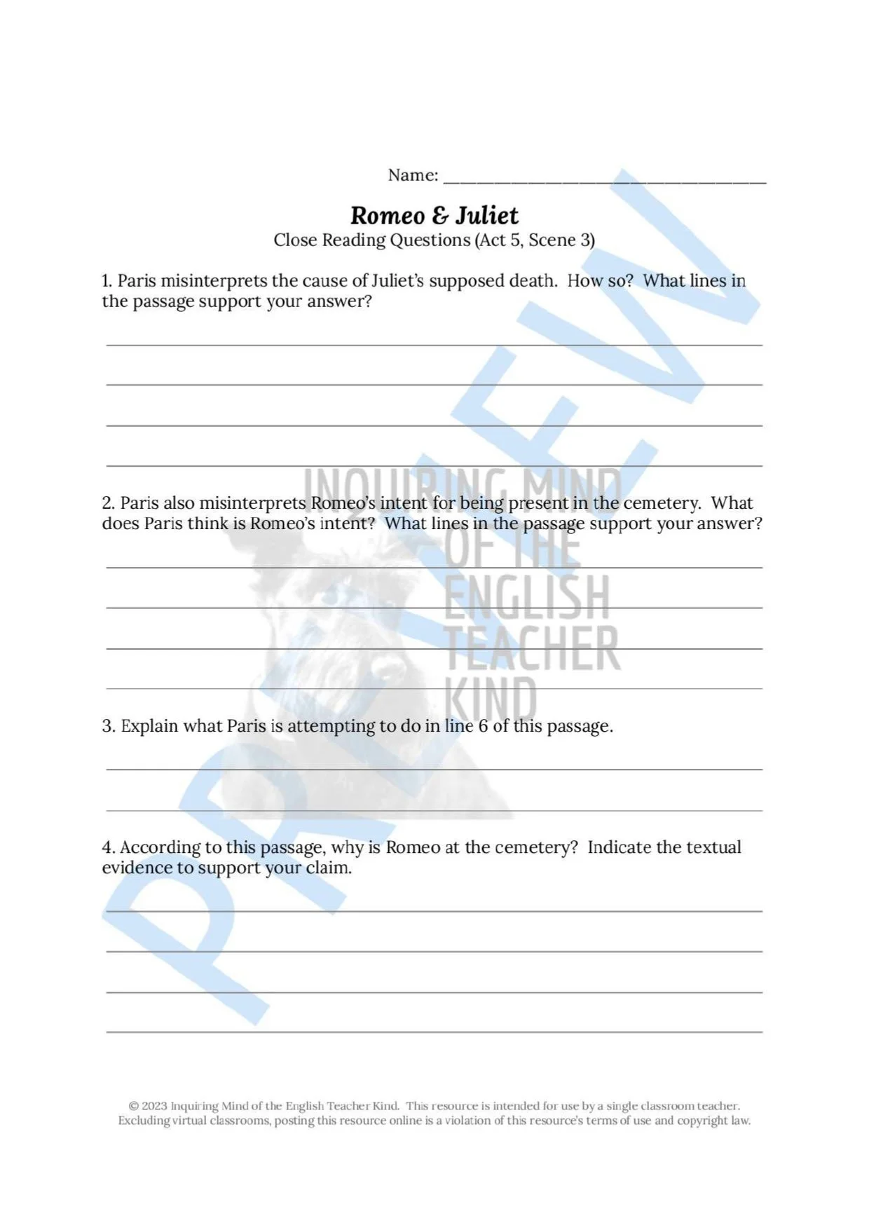 Romeo and Juliet Close Reading Analysis Worksheets Bundle with Answer ...