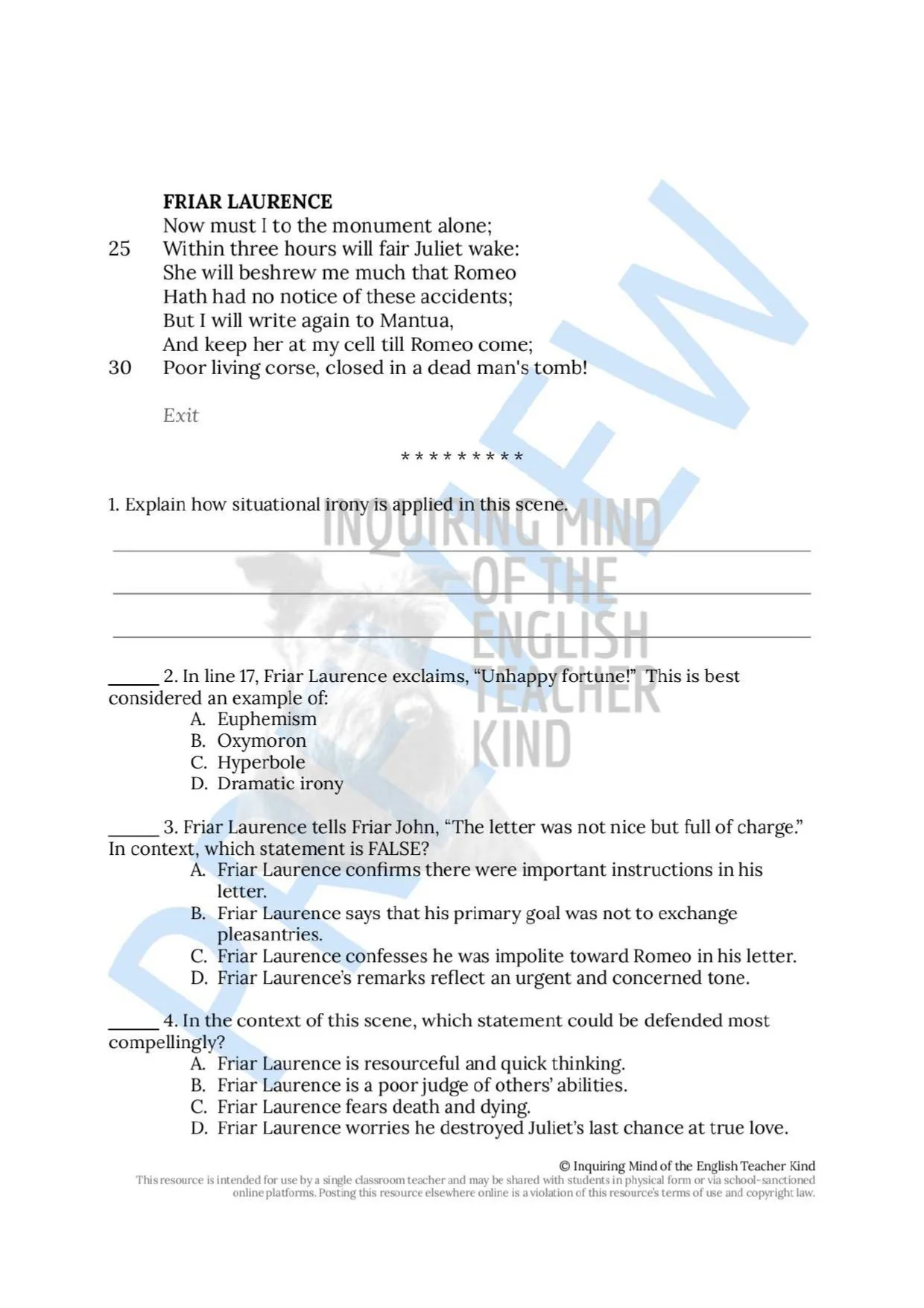 Romeo and Juliet Close Reading Analysis Worksheets Bundle with Answer ...